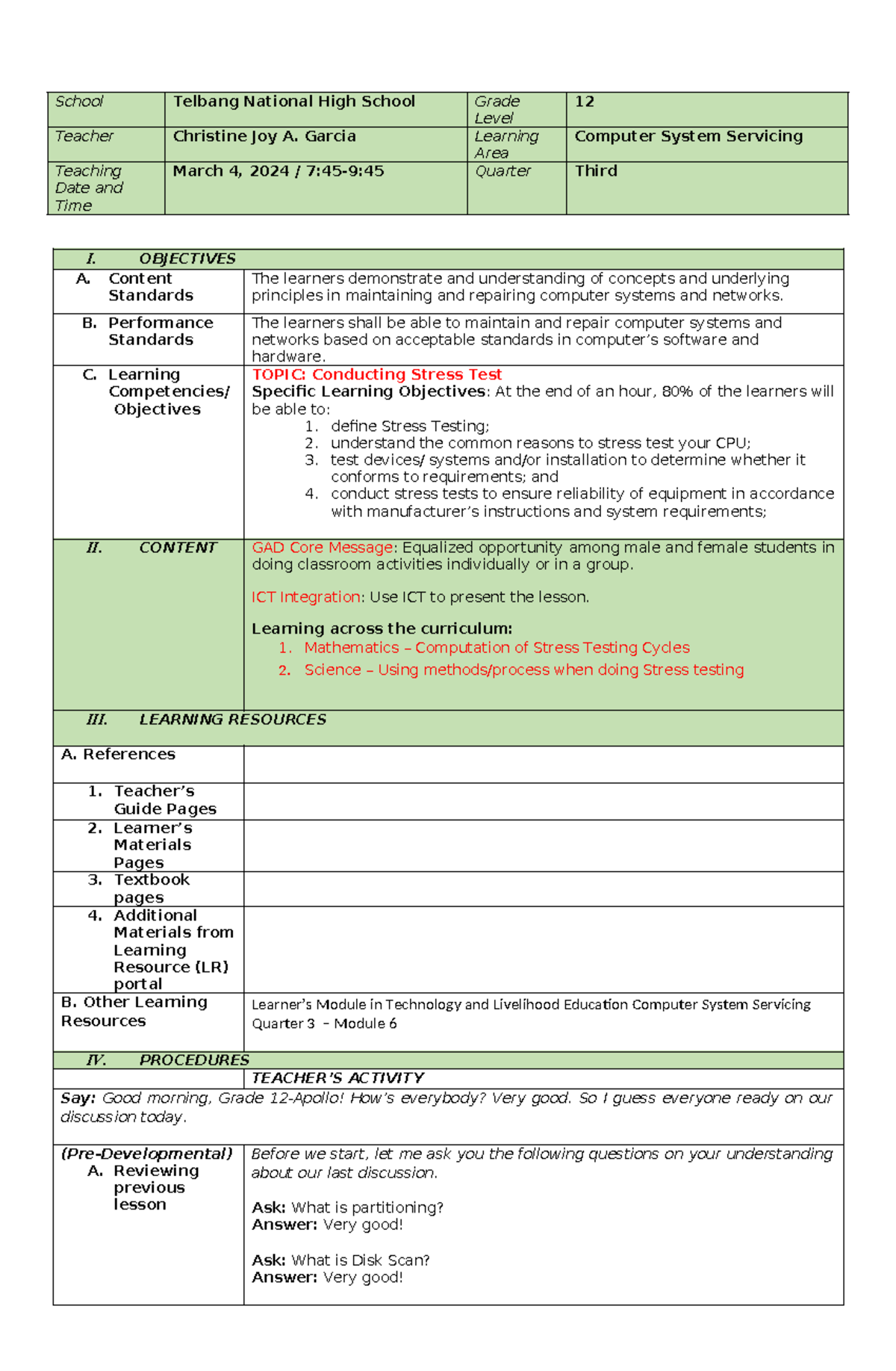 Grade 12 Computer System Servicing: Conducting Stress Tests for ...