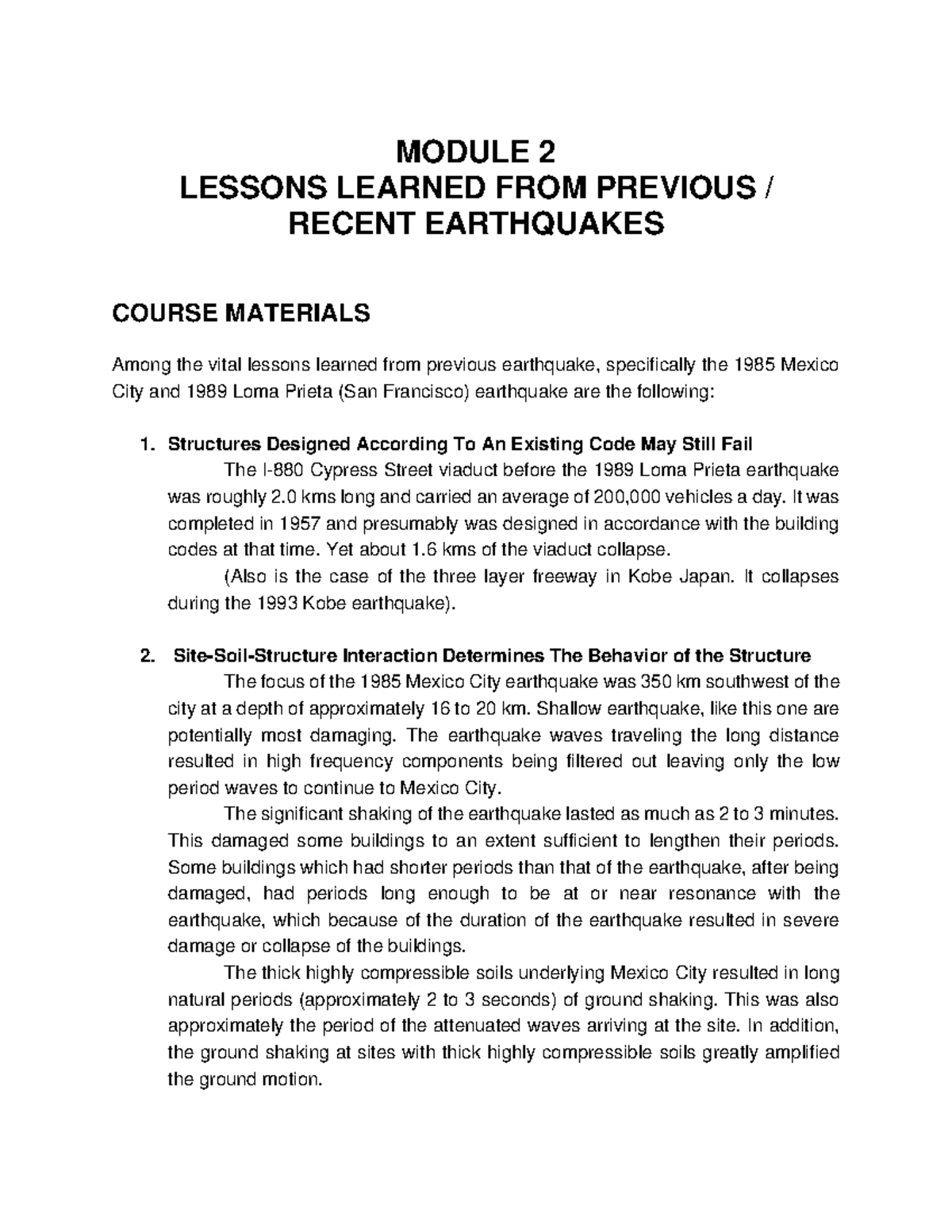 Module 2: Key Lessons from Recent Earthquakes and Preparedness - Studocu