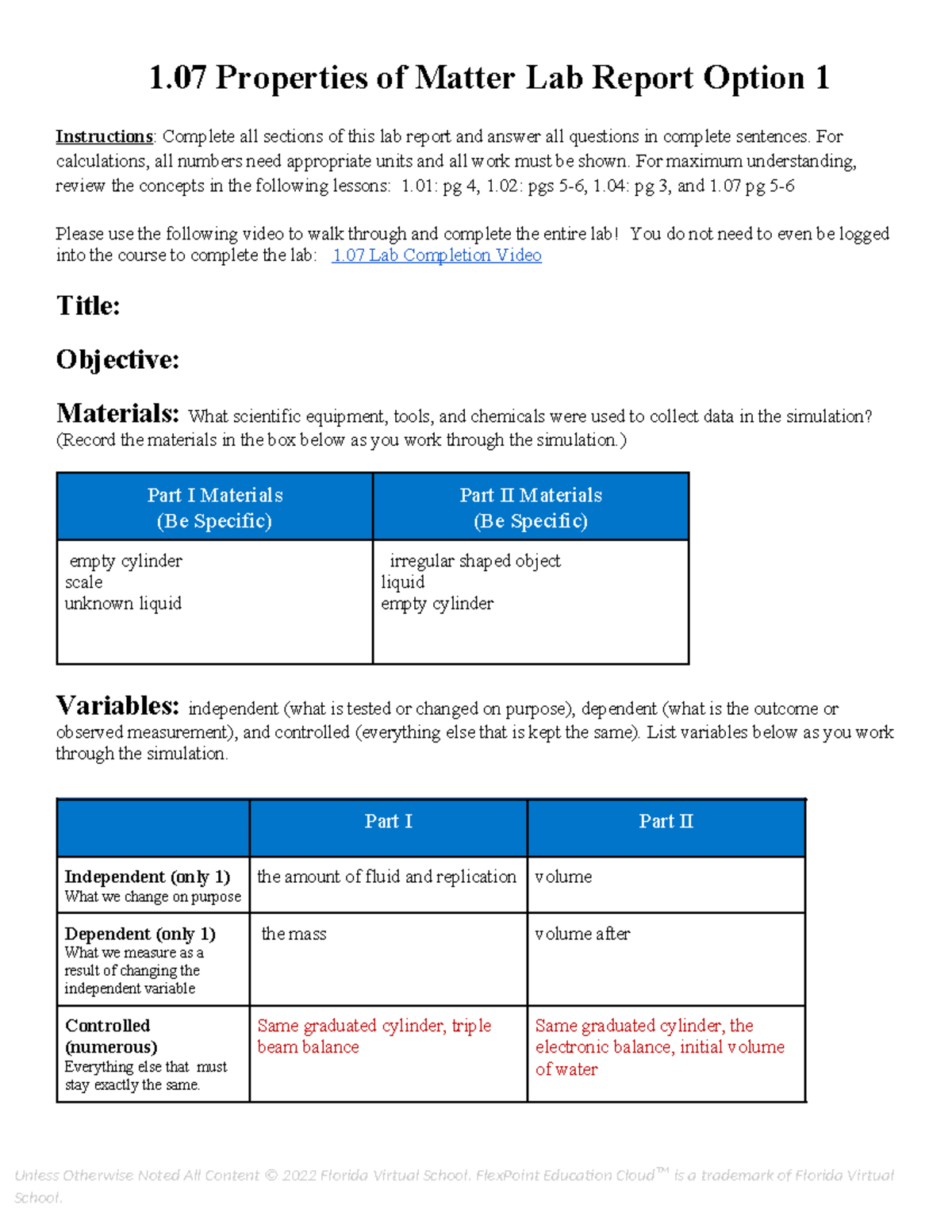 Copy of 1.07 Properties of Matter Option 1 - 1 Properties of Matter Lab ...
