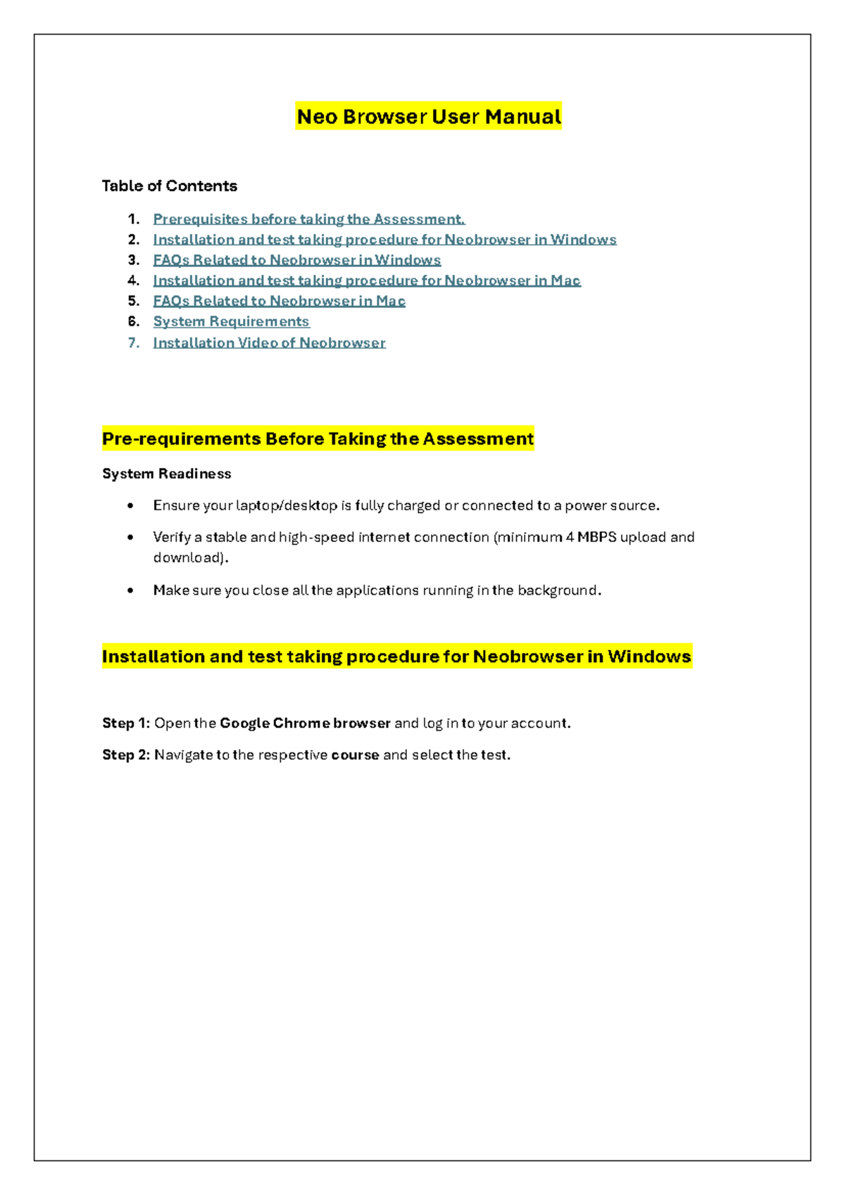 Neo Browser User Manual: Installation & Assessment Guide - Studocu