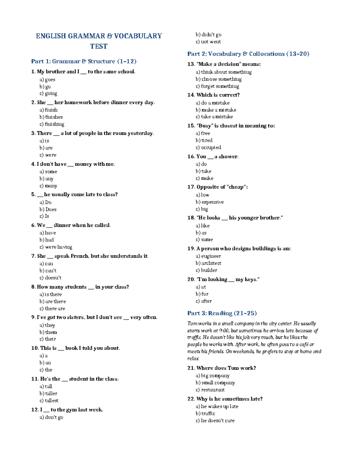 ENGLISH 101: GRAMMAR & VOCABULARY TEST - Part 1 & 2 - Studocu