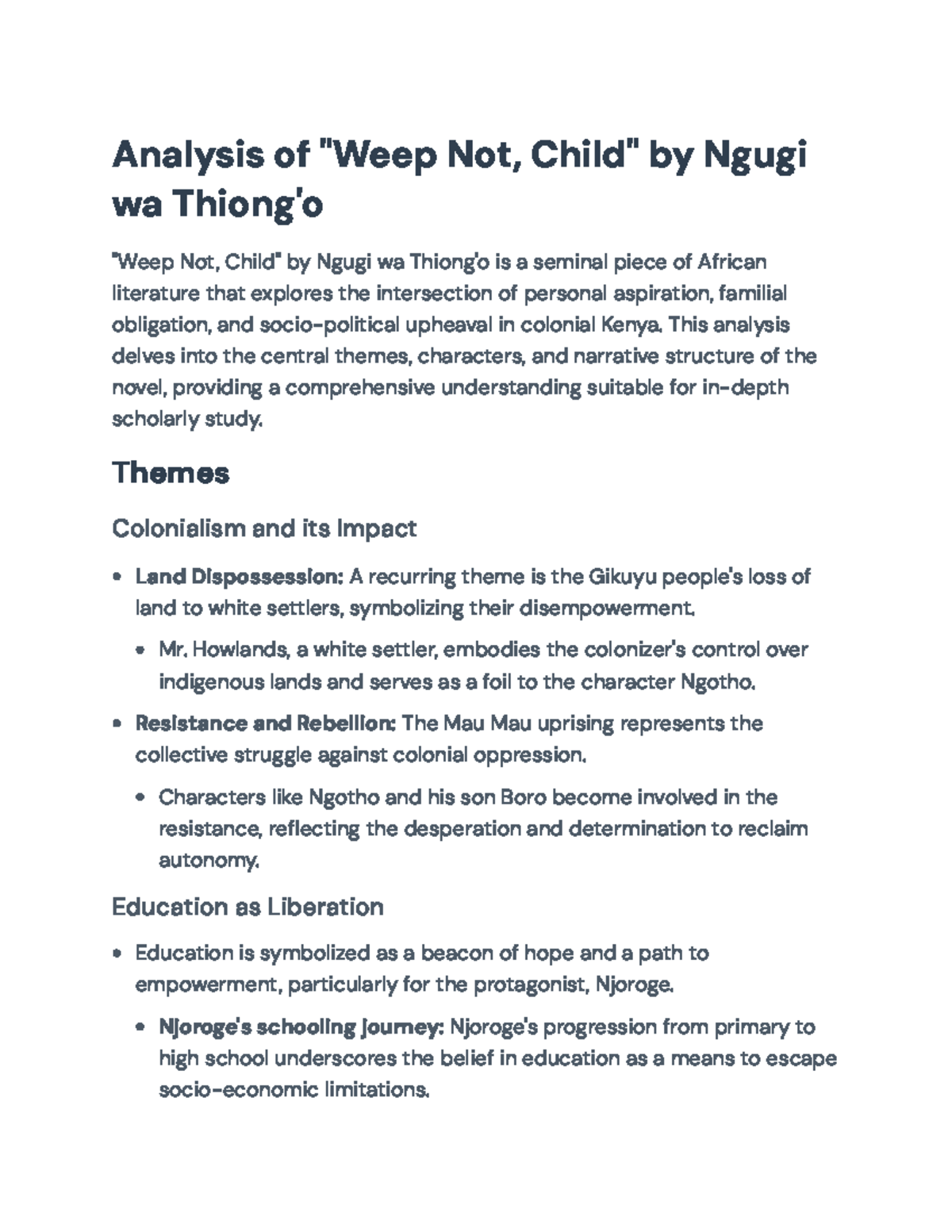 Analysis of "Weep Not, Child" (ENG 101) by Ngugi wa Thiong'o: Themes ...