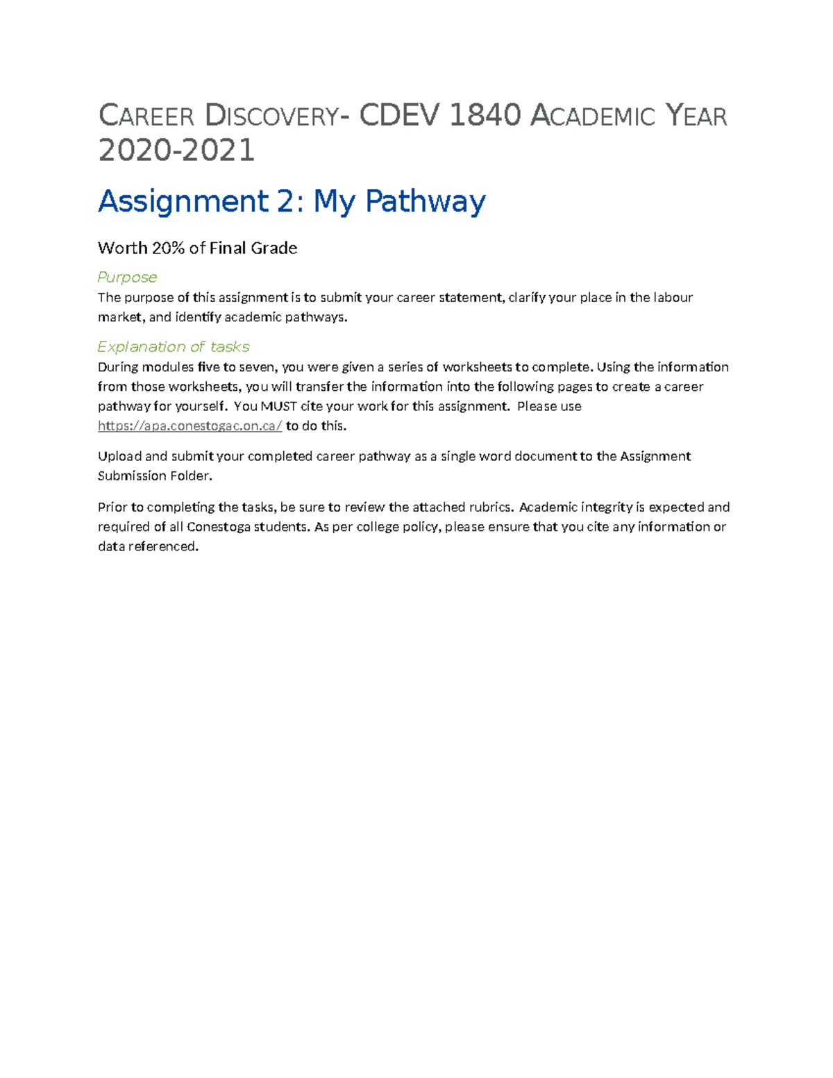 CDEV 1840 Career Pathway Assignment 2: My Future Directions - Studocu