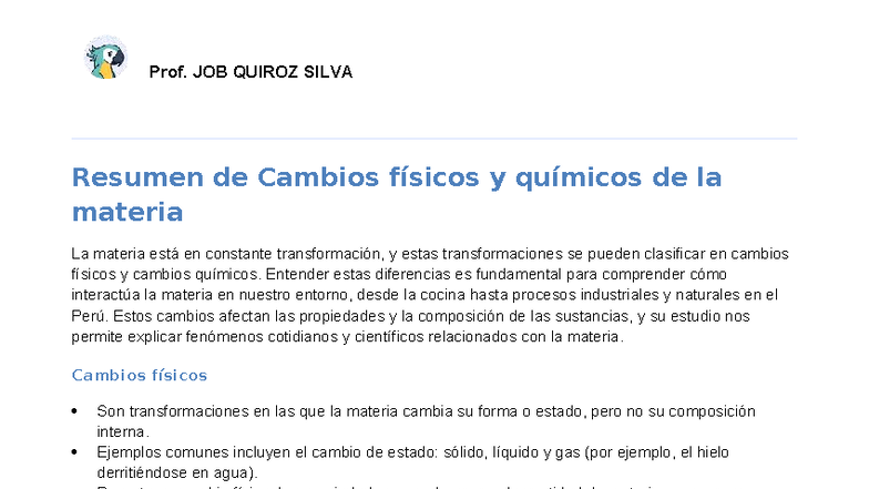 Resumen de Cambios Físicos y Químicos de la Materia - Prof. JOB QUIROZ ...
