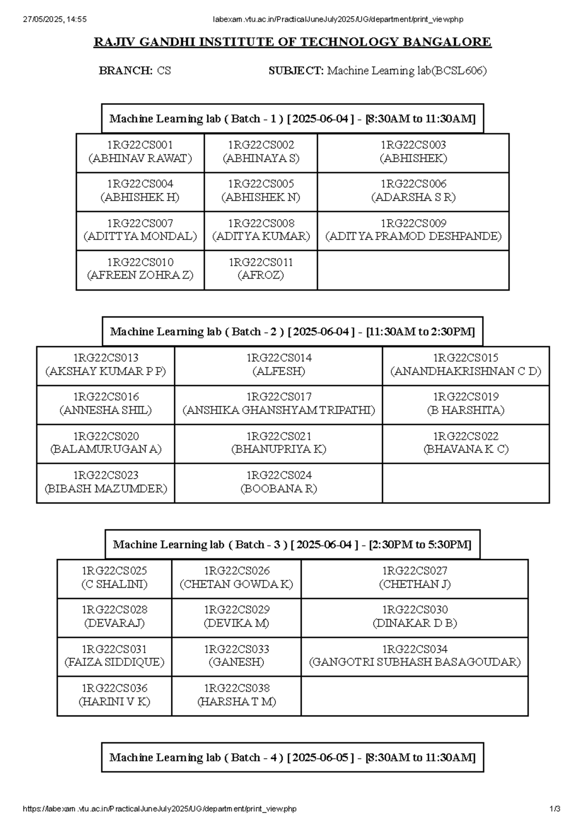 Machine Learning Lab (BCSL606) Student Batch Assignments - Studocu