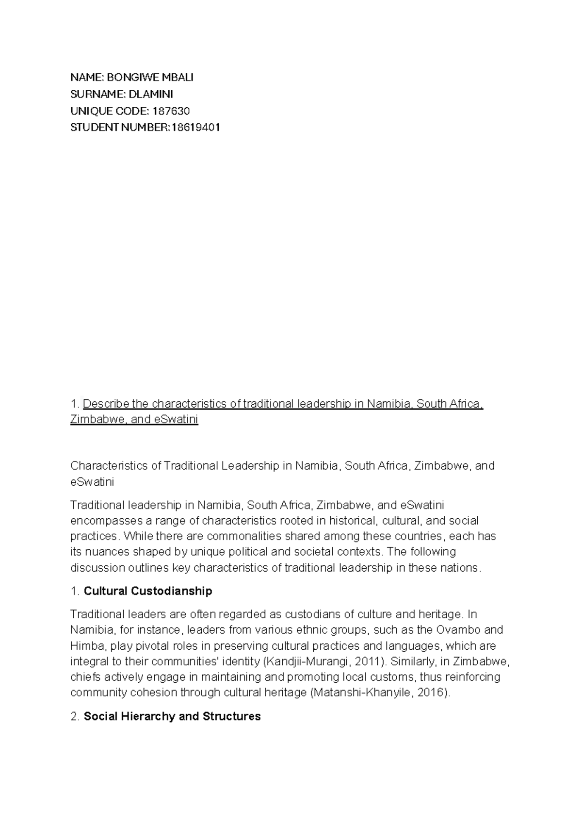 DVA 1502 Assignment 6: Characteristics of Traditional Leadership in ...