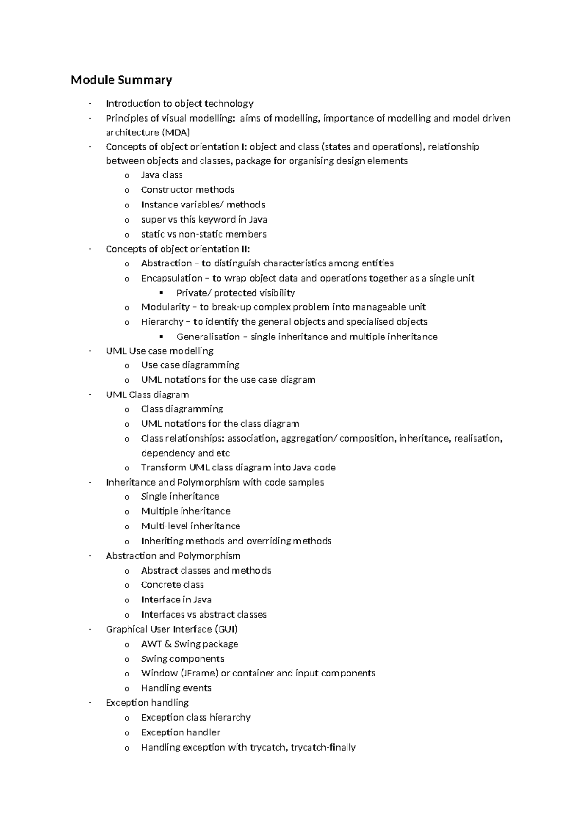 Module Summary: Introduction to Object Technology (CS101) - Studocu