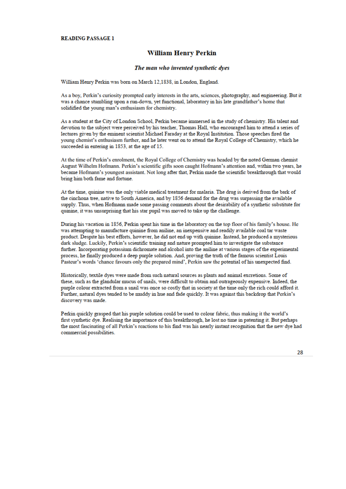 Reading T-F 1 - ai eo - READING PASSAGE 1 William Henry Perkin The man ...