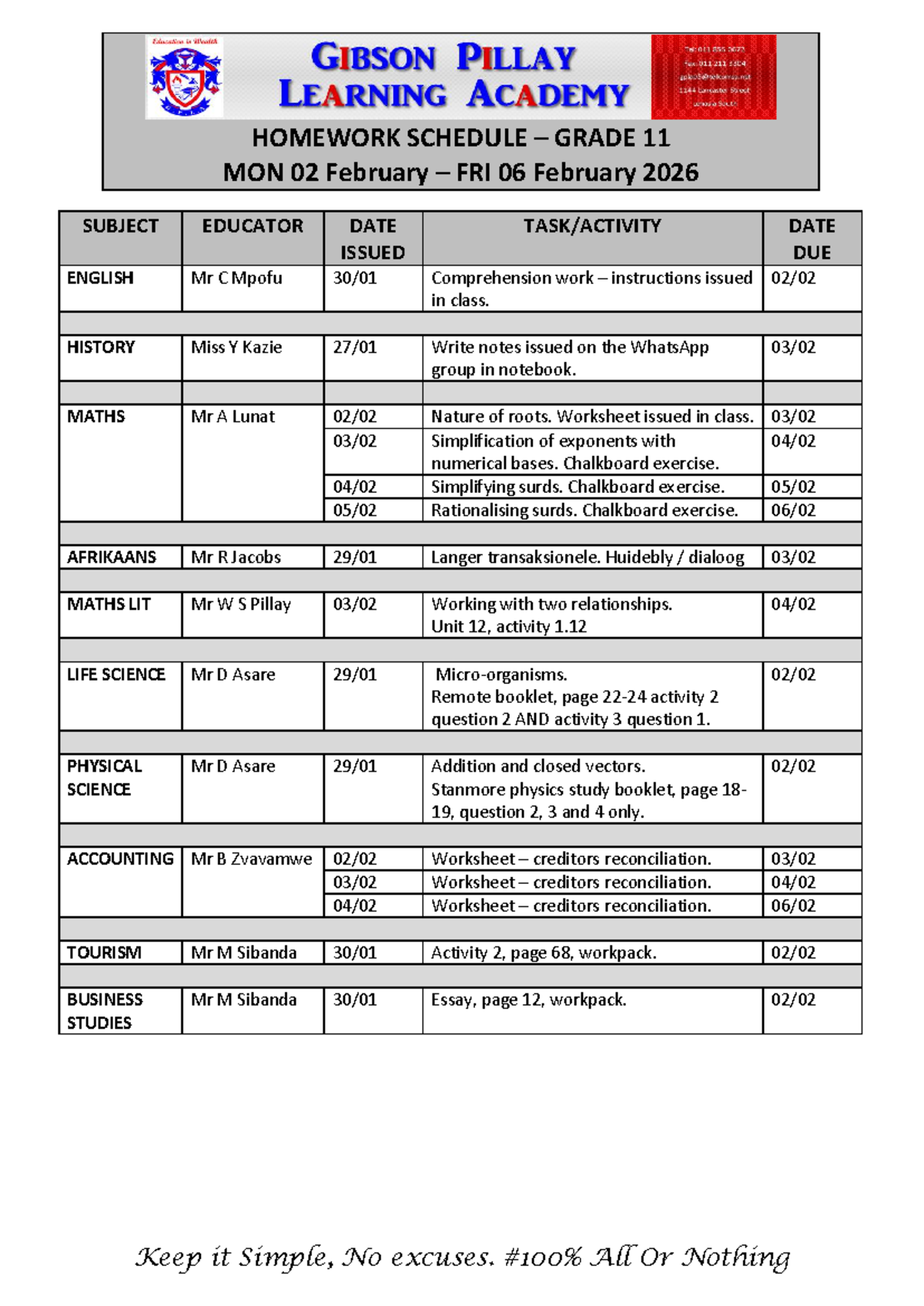 Homework Schedule GRADE 11: 02-06 Feb 2026 Activities & Subjects - Studocu
