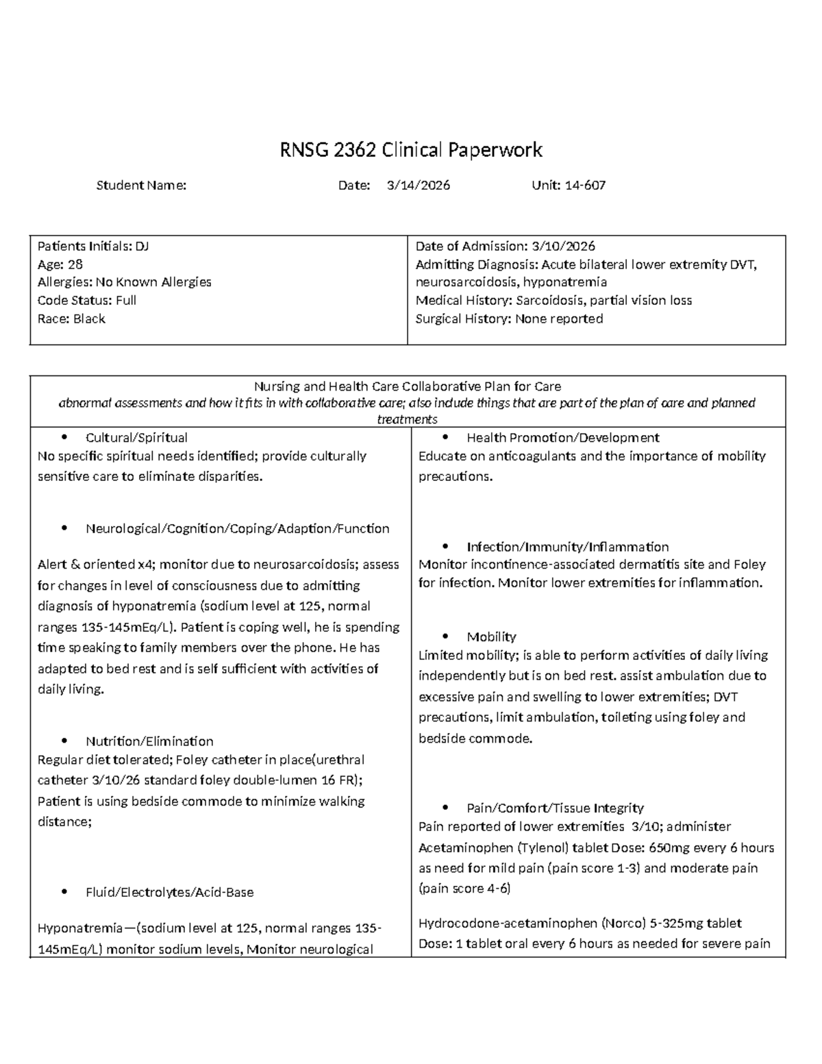 RNSG 2362 Clinical Paperwork: DVT Management & Care Plan - Studocu