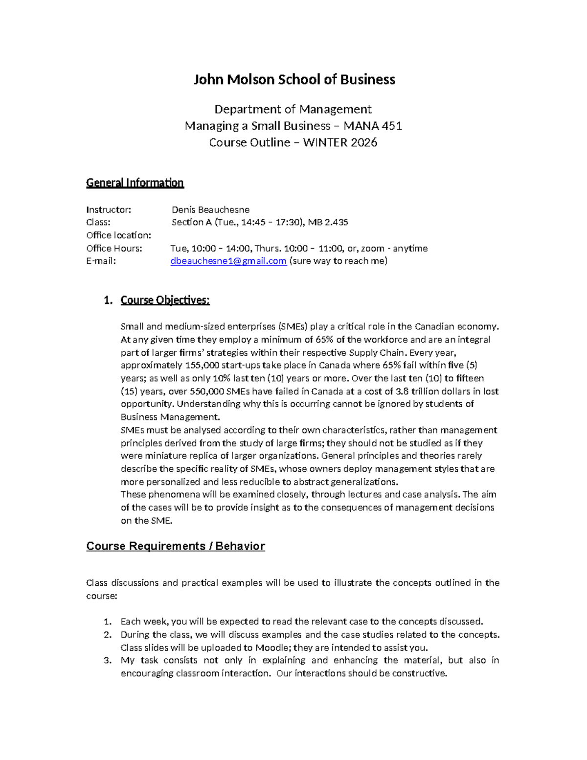 MANA 451 Winter 2026 Course Outline: Managing a Small Business - Studocu