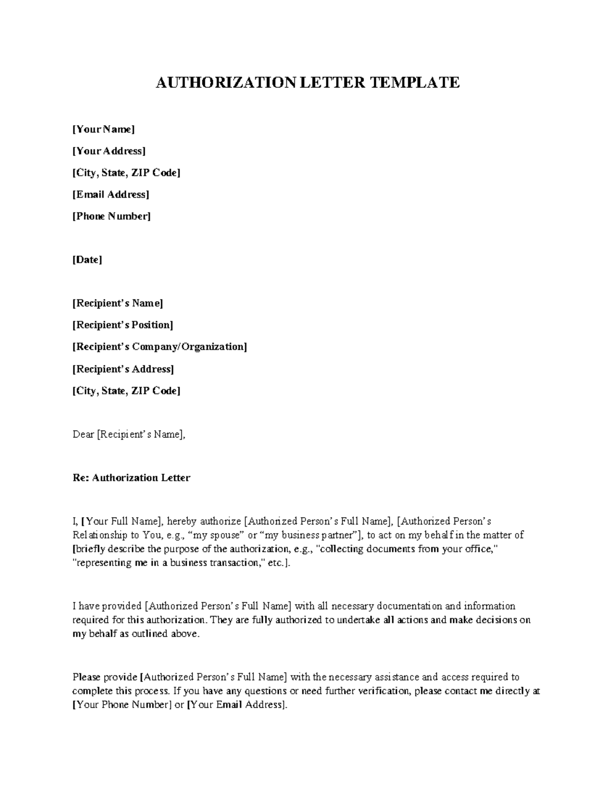 Authorization Letter Template for Authorization Purposes - Studocu