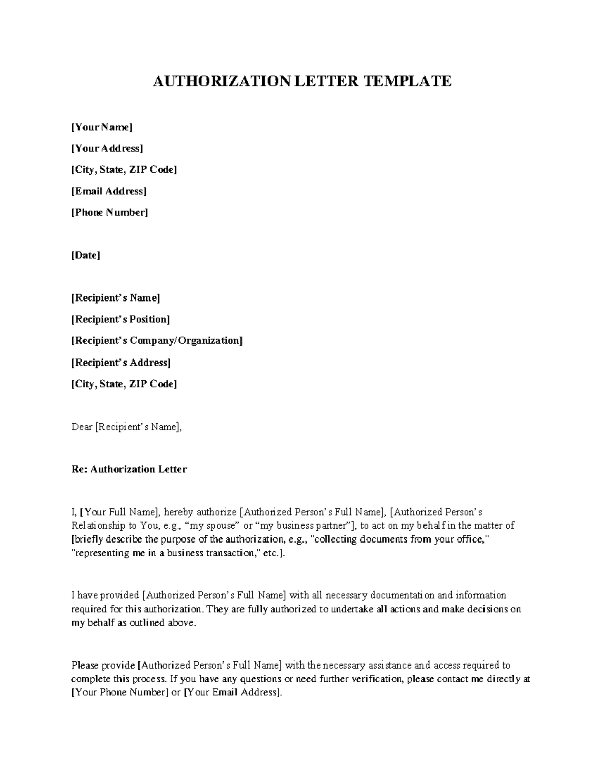 Authorization Letter Template - AUTHORIZATION LETTER TEMPLATE [Your ...