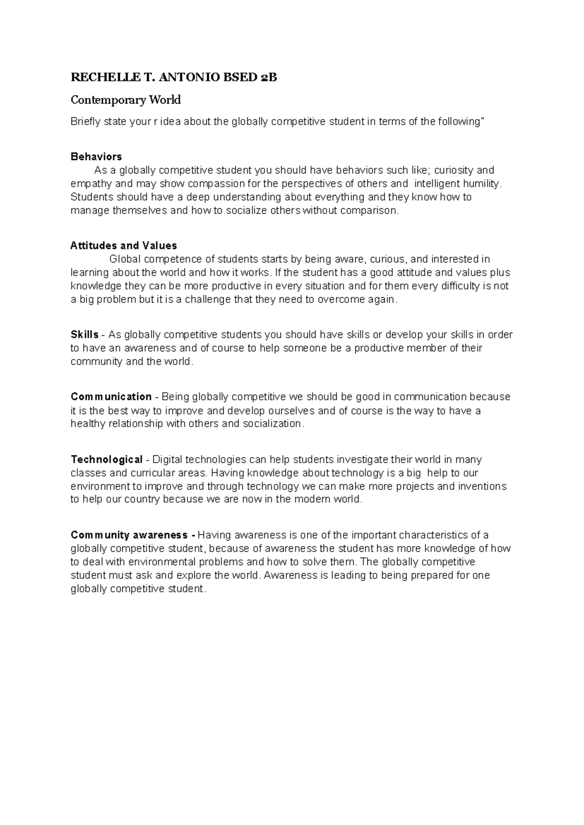 BSED 2B Contemporary World: Traits of a Globally Competitive Student ...