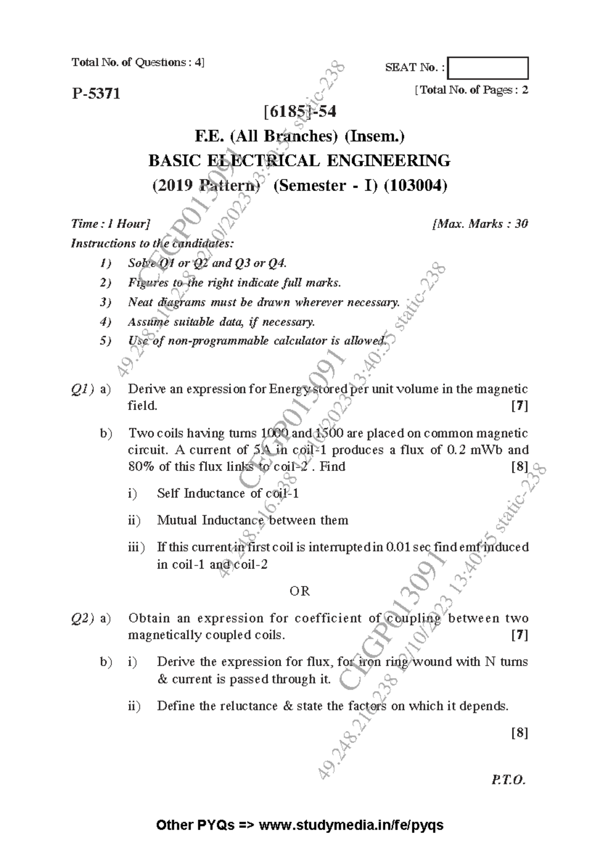 BEE Insem Exam Notes (103004) - Basic Electrical Engineering 2023 - Studocu