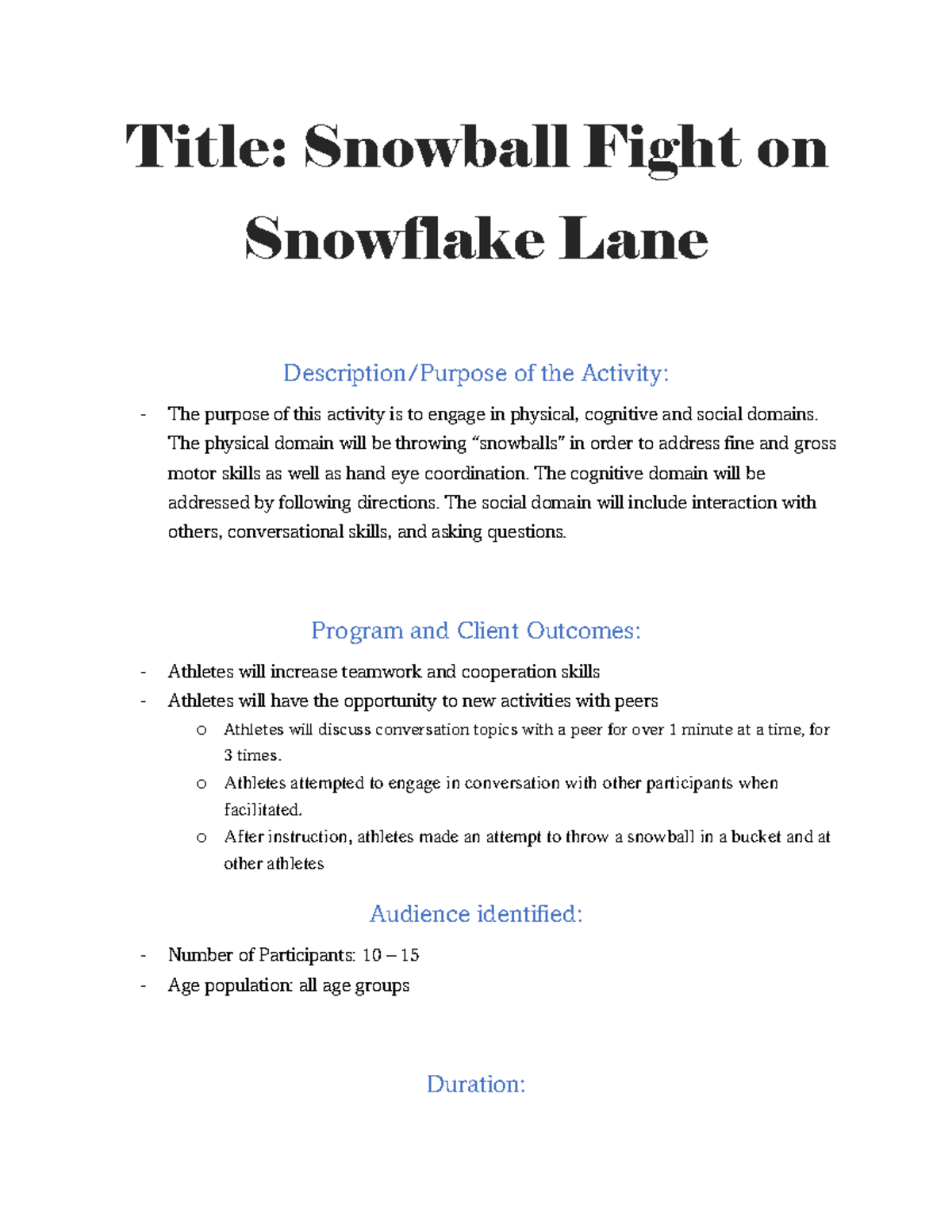Activity Plan: Snowball Fight on Snowflake Lane for Group Engagement ...