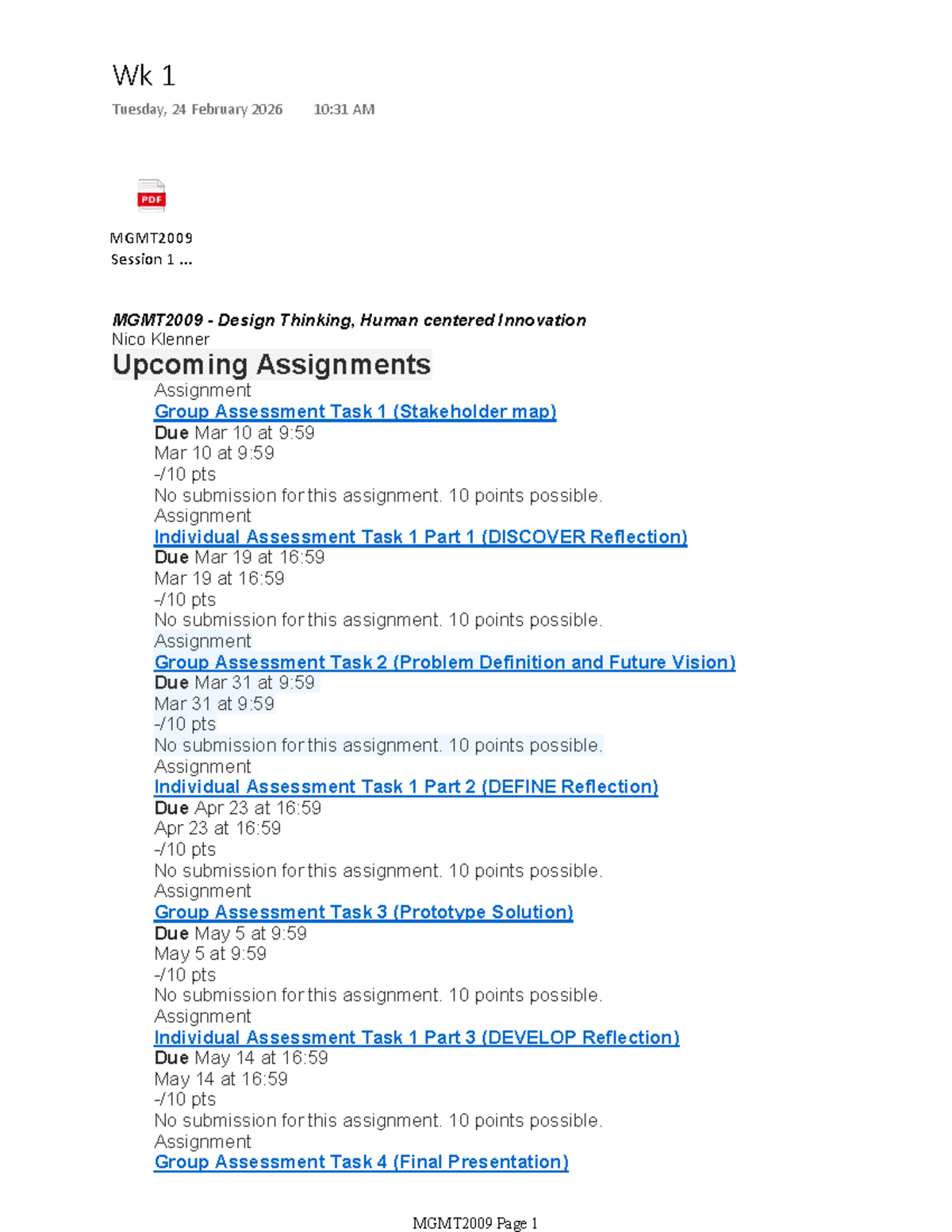 MGMT2009 Design Thinking: Week 1 Overview and Assignments - Studocu