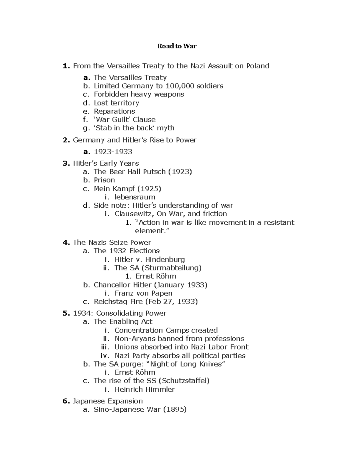 Road to War - Notes - Road to War 1 the Versailles Treaty to the Nazi ...