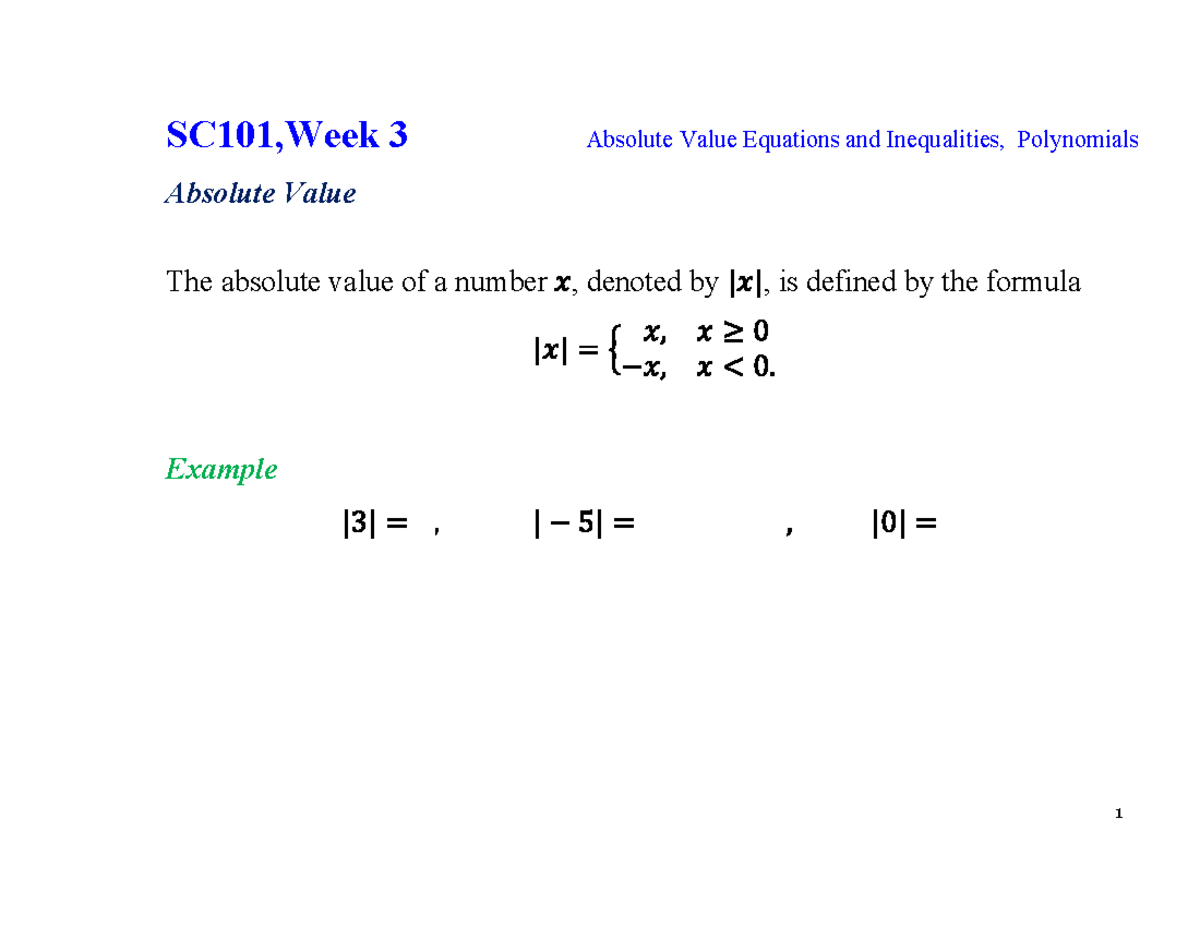 SC101 Week 3: Absolute Value Equations, Inequalities & Polynomials ...