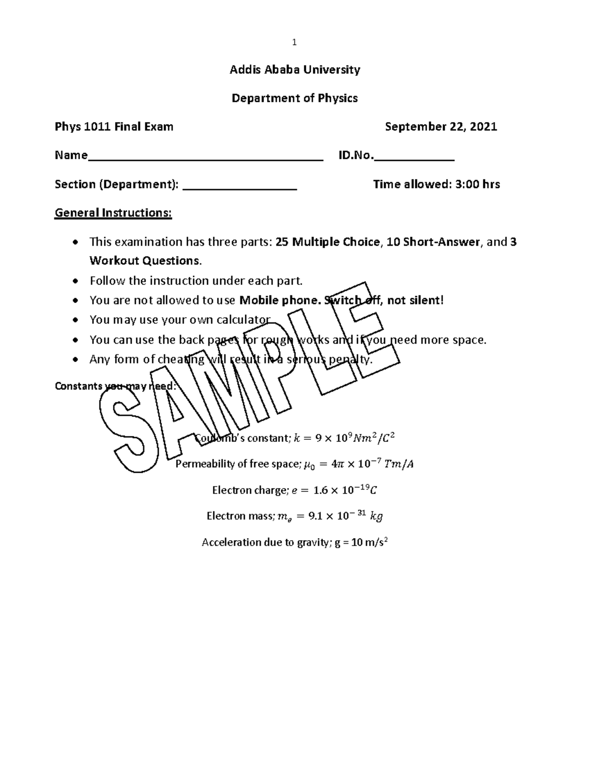 Phys 1011 Final Exam Sample Questions and Solutions - Sept 2021 - Studocu