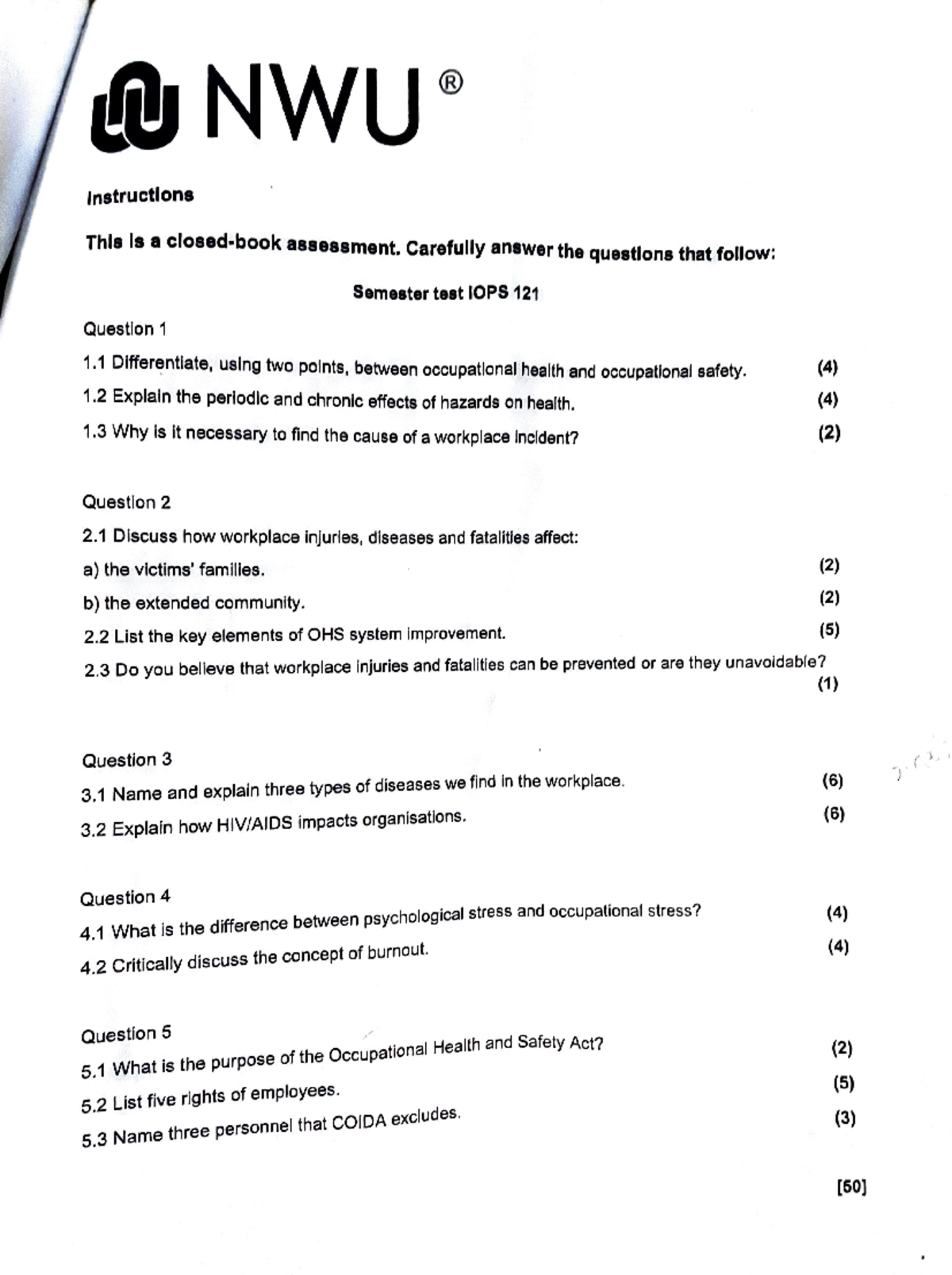 IOPS 121 Semester Test on Occupational Health & Safety Concepts - Studocu