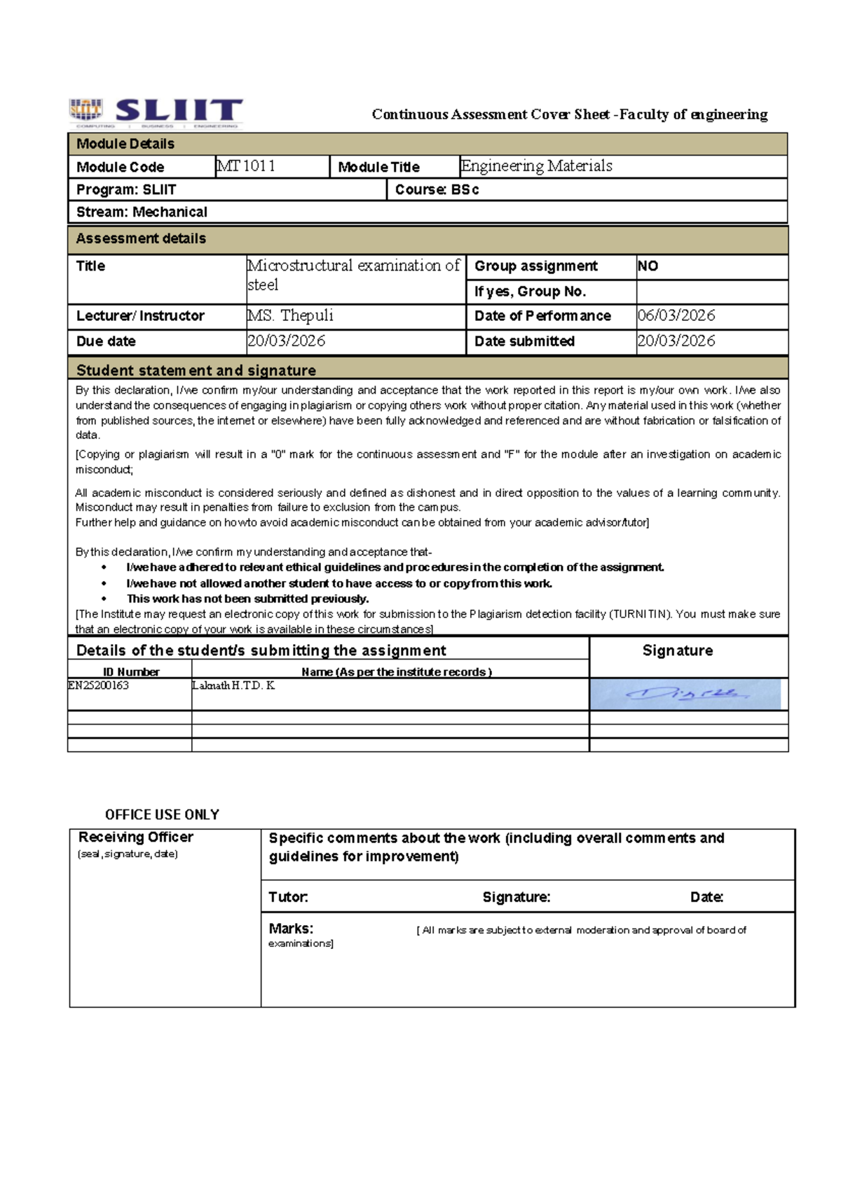 MT1011: Continuous Assessment Cover Sheet for Microstructural Exam of ...