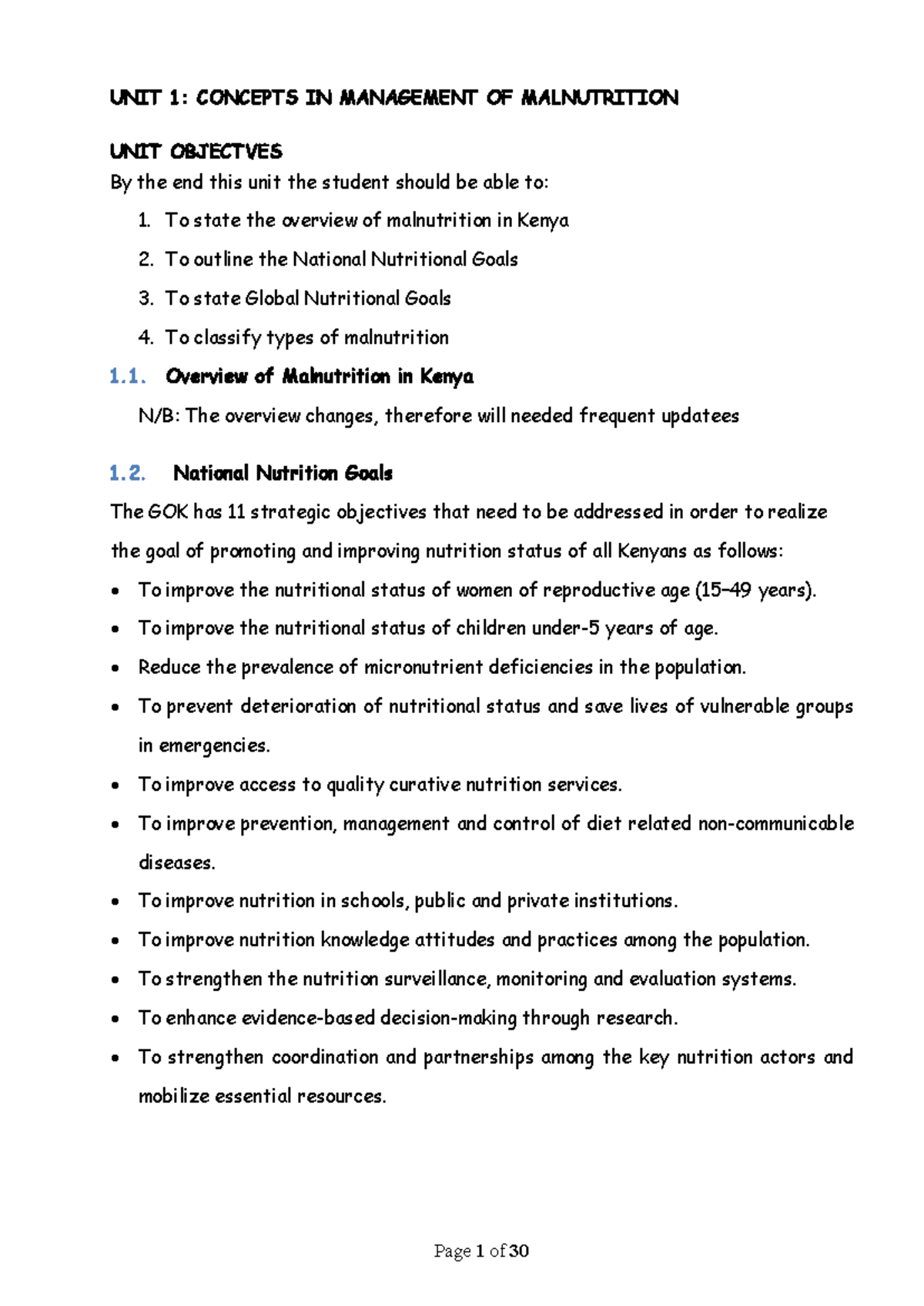 Management of Malnutrition: Concepts and Goals (Unit 1) - Studocu