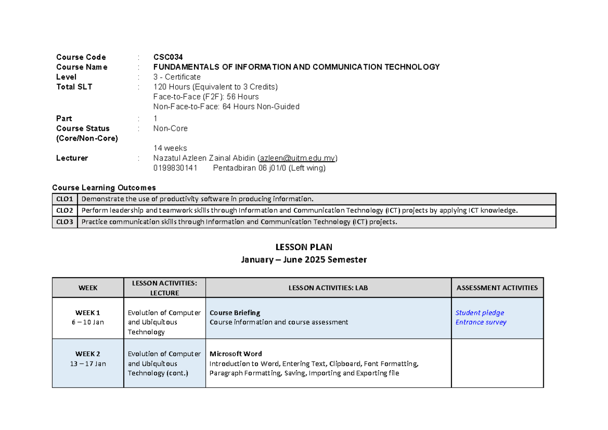 CSC034 Lesson Plan Jan Jun 2025 - Course Code : CSC Course Name ...