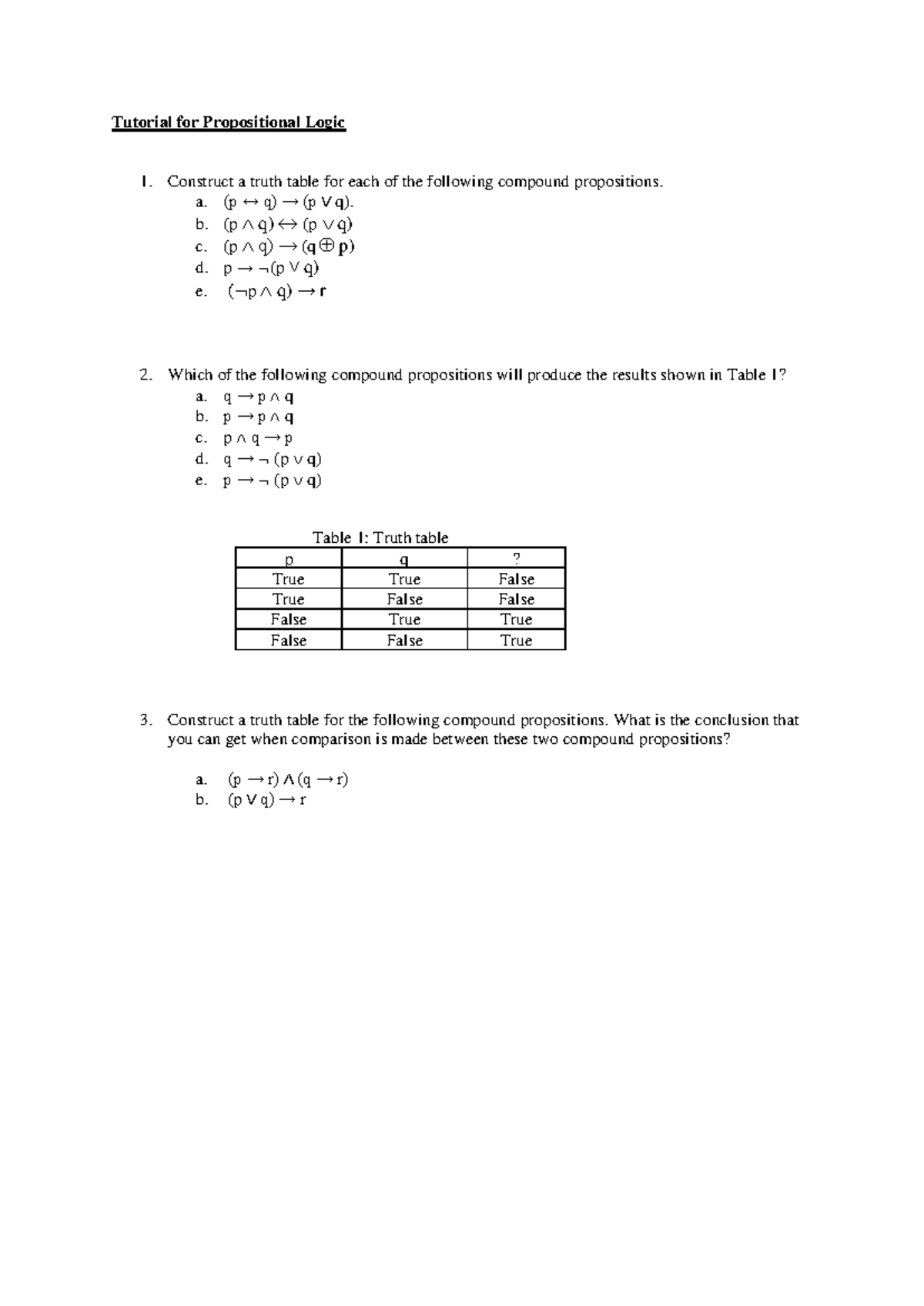Tutorial 1 for Propositional Logic: Truth Tables and Propositions - Studocu