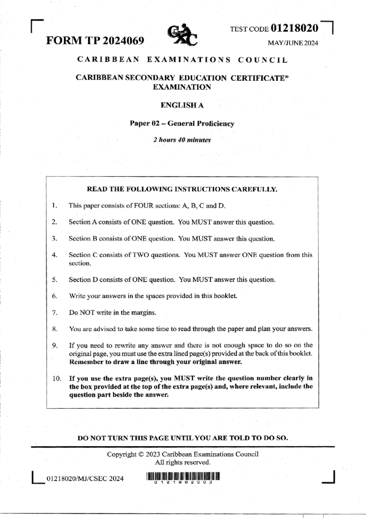 English A 2020 CSEC Paper 01 Instructions and Sample Questions - Studocu