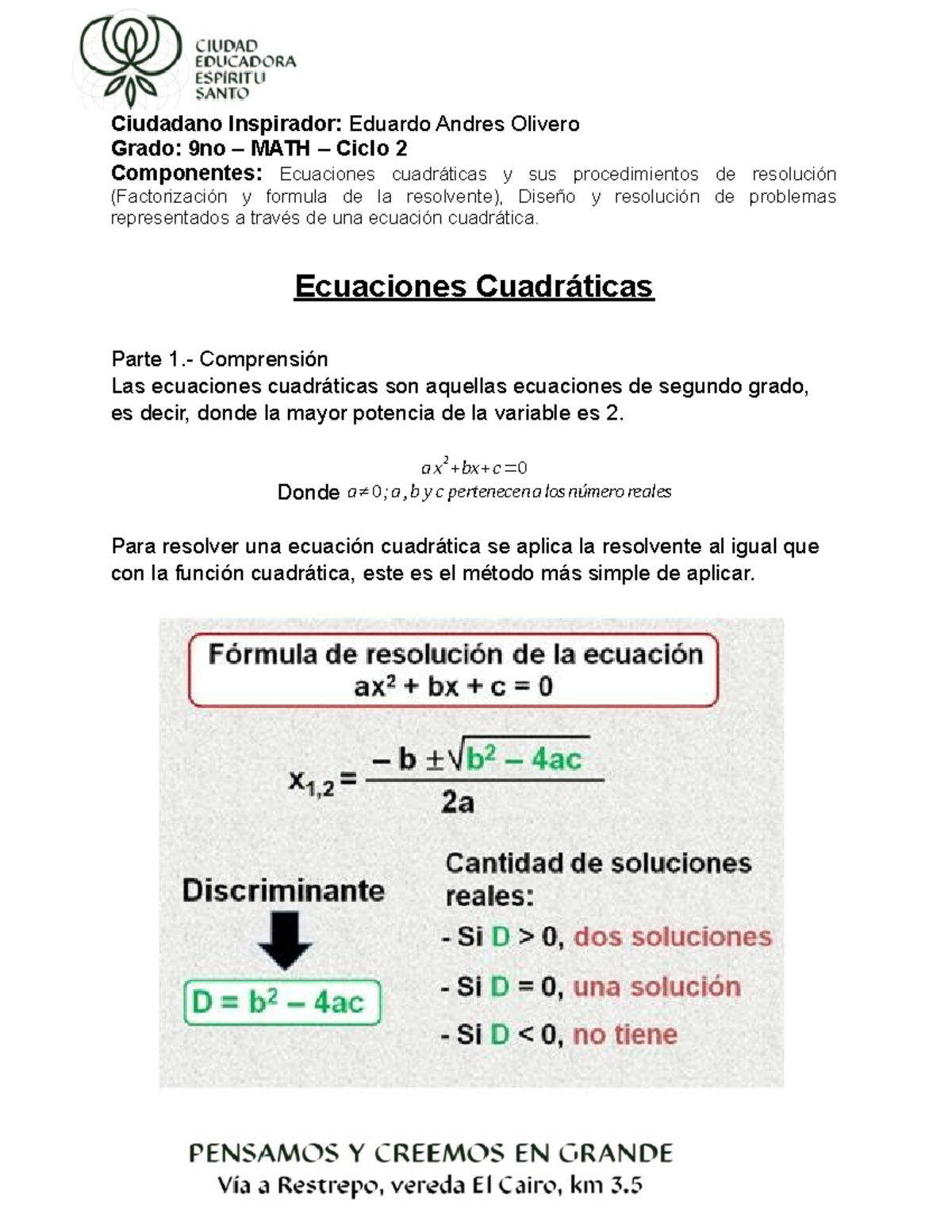 9no MATH - Actividad 3: Ecuaciones Cuadráticas y Problemas - Studocu