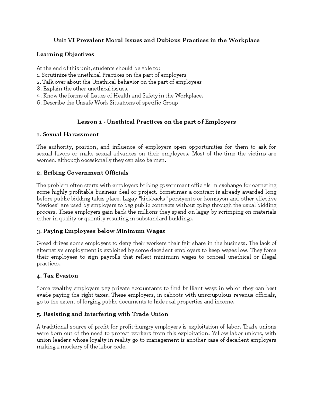 Unit VI: Moral Issues & Dubious Practices in the Workplace - Studocu