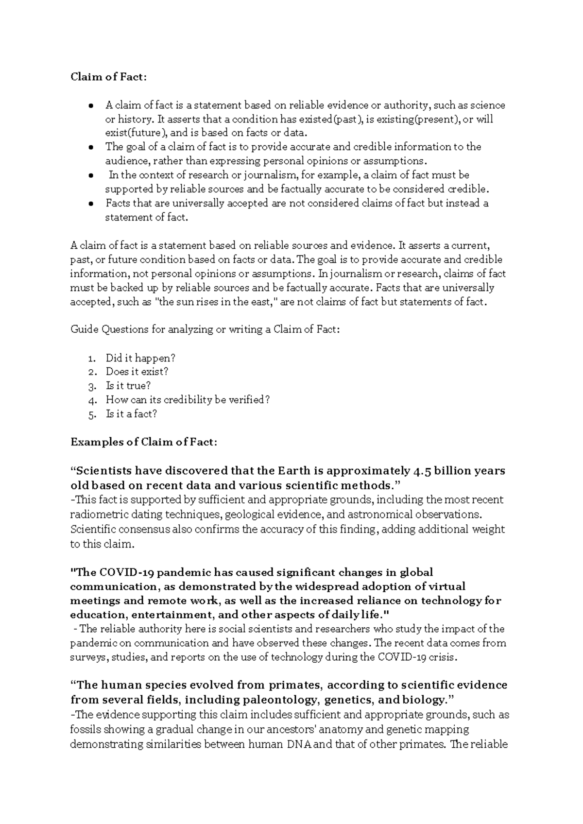 Understanding Claims of Fact: Analyzing Evidence and Credibility - Studocu