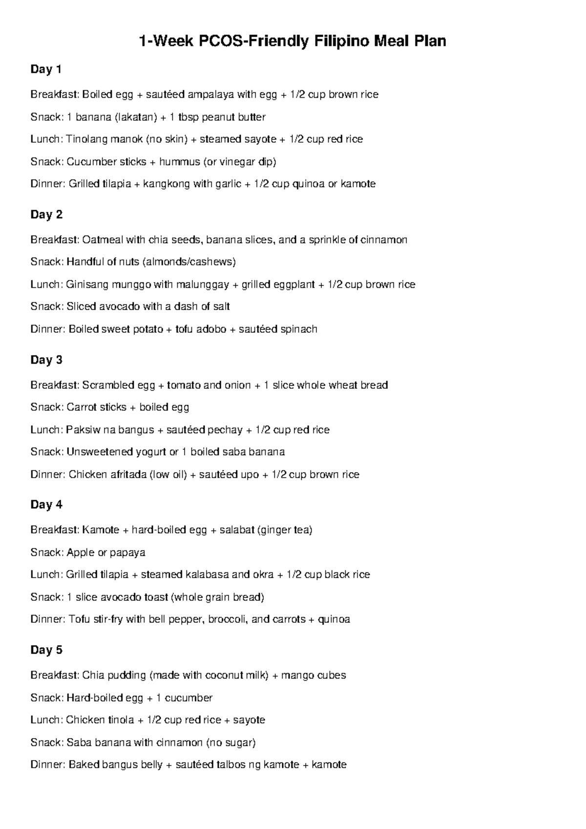 PCOS Filipino Diet: 1-Week Meal Plan for Healthy Eating - Studocu