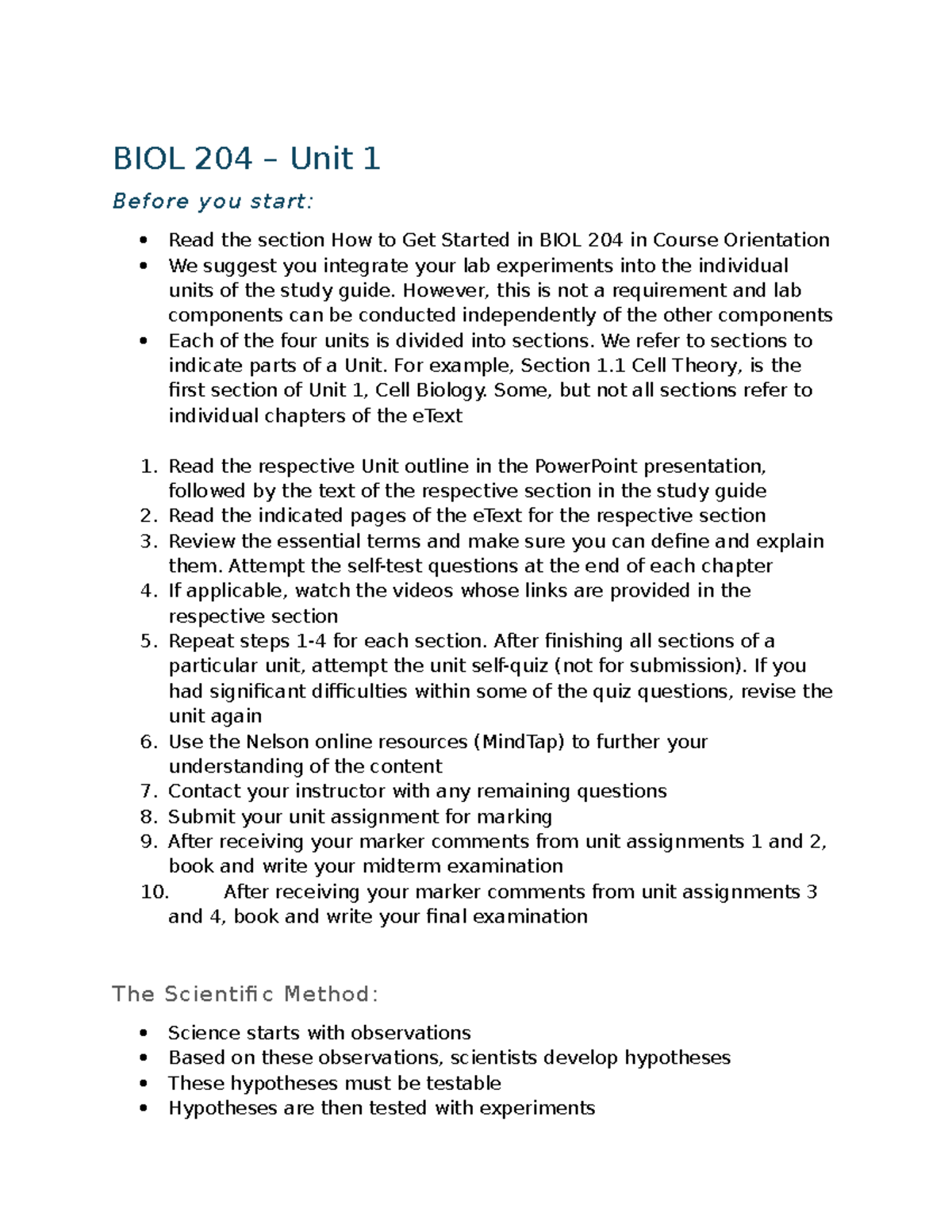 BIOL 204 Unit 1 Study Guide: Cell Biology and The Scientific Method ...