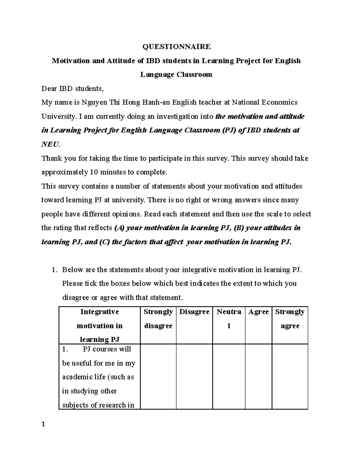 Questionnaire: Motivation & Attitude of IBD Students in Learning PJ ...