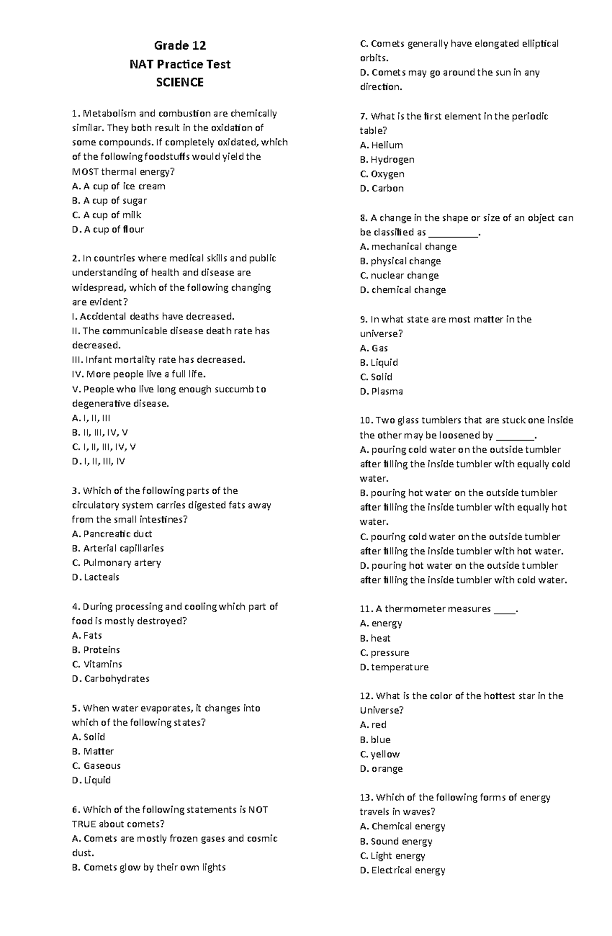 Grade 12 SCIENCE NAT Practice Test: Key Concepts & Questions - Studocu
