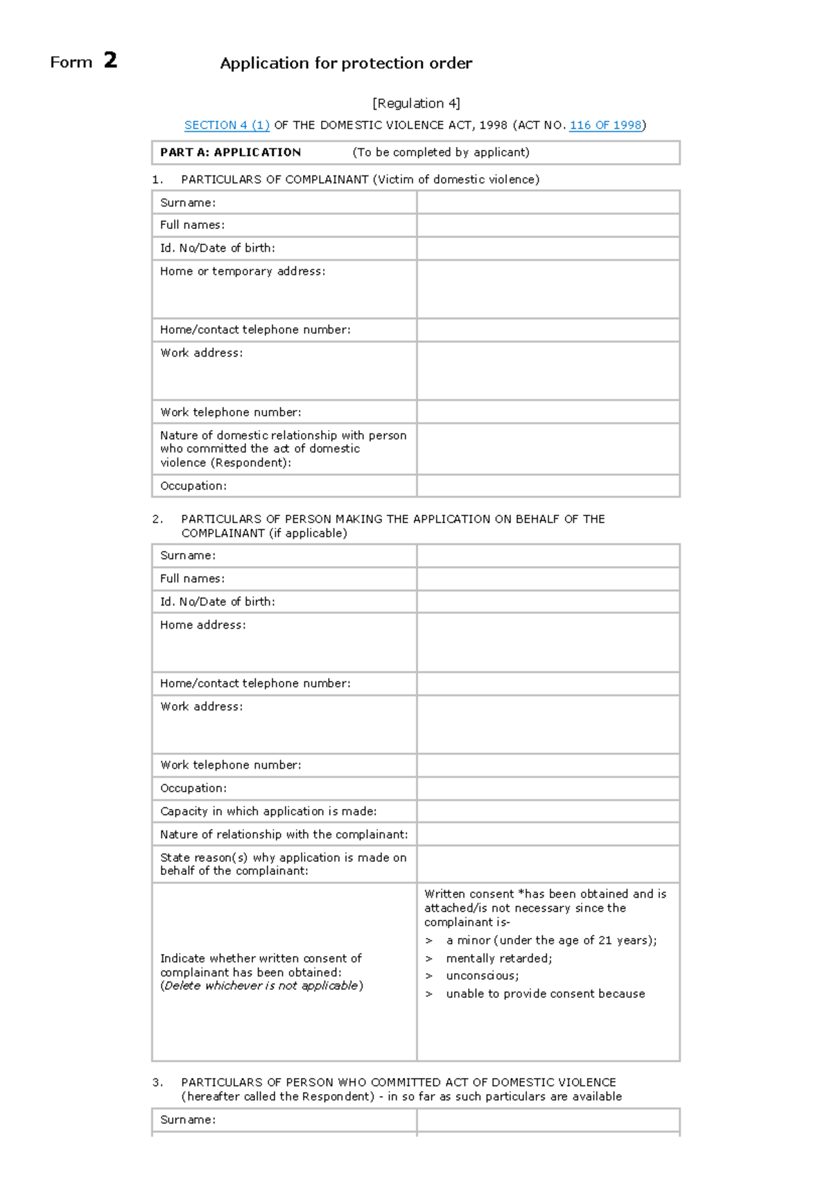 Application for Protection Order (Form 2) - Domestic Violence Act - Studocu