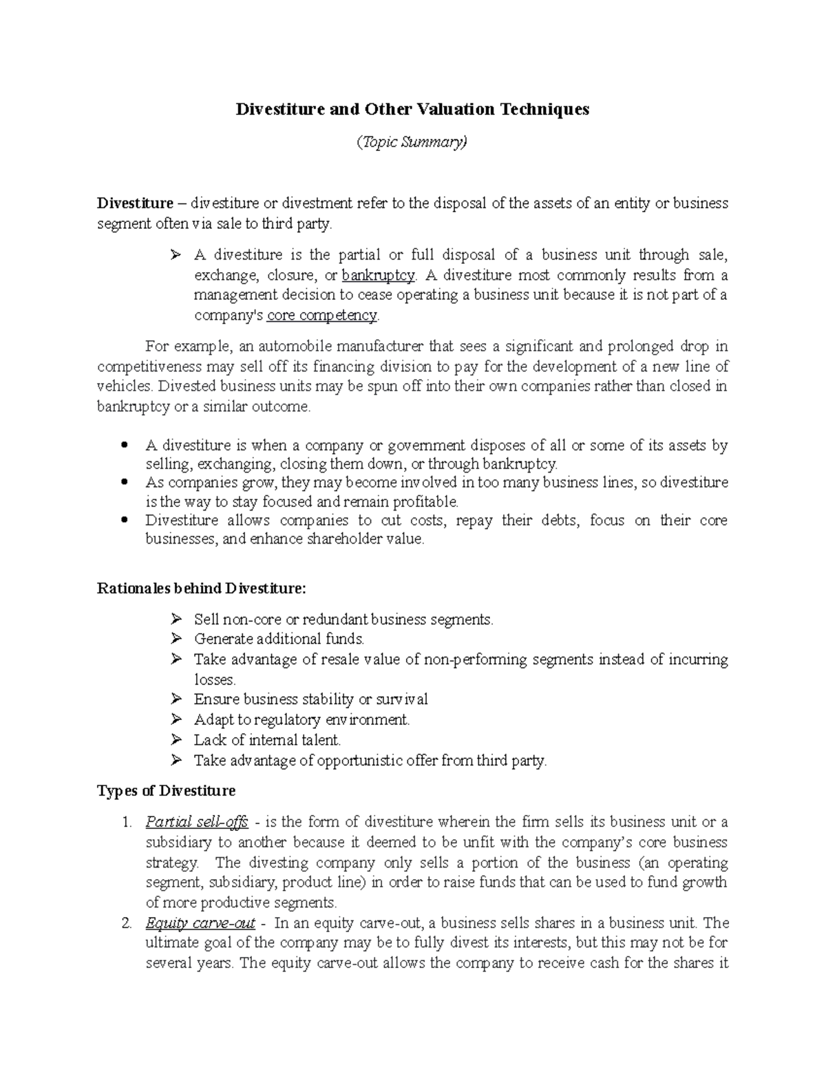 Valuation Method Topic summary - Divestiture and Other Valuation Techniques ( Topic Summary ...