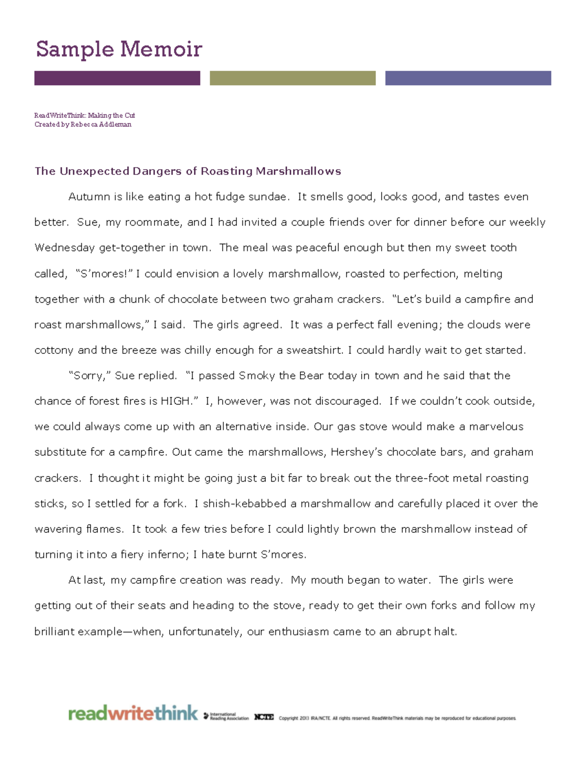 Sample Memoir for Revision - Sample Memoir ReadWriteThink: Making the ...