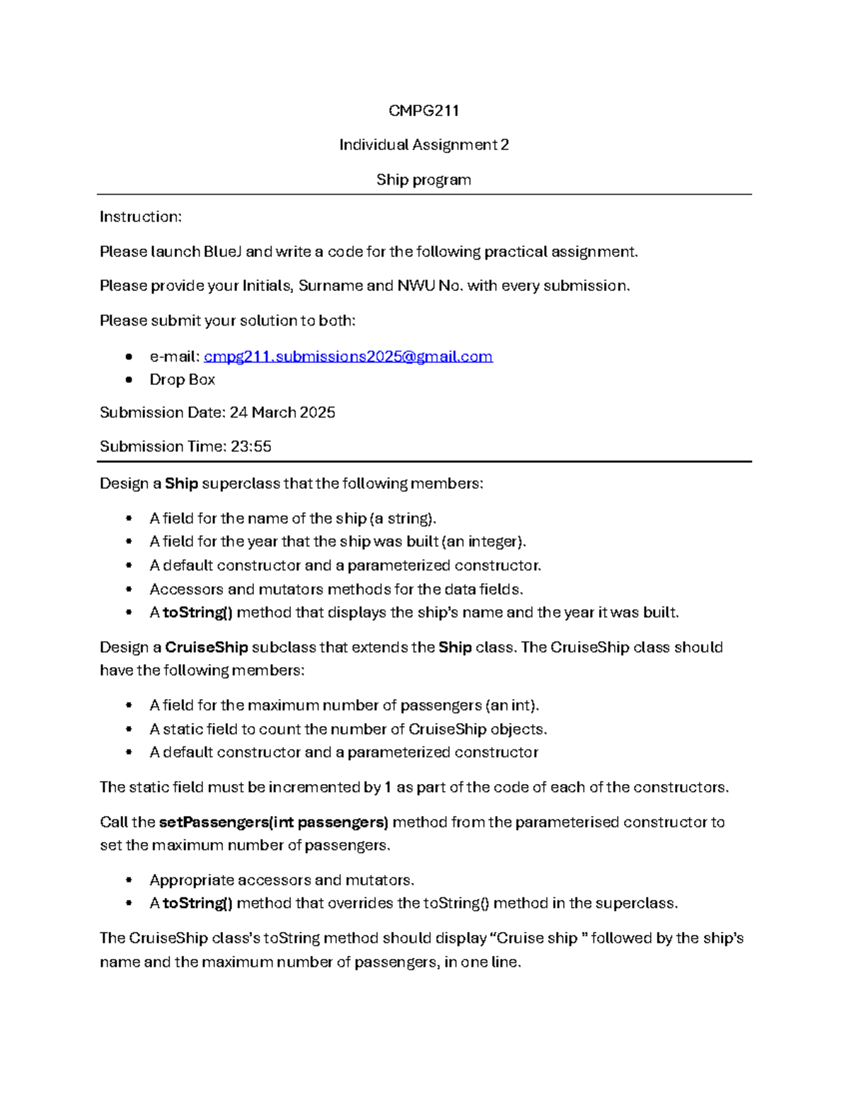 Individual Assignment 2 - CMPG Individual Assignment 2 Ship program ...