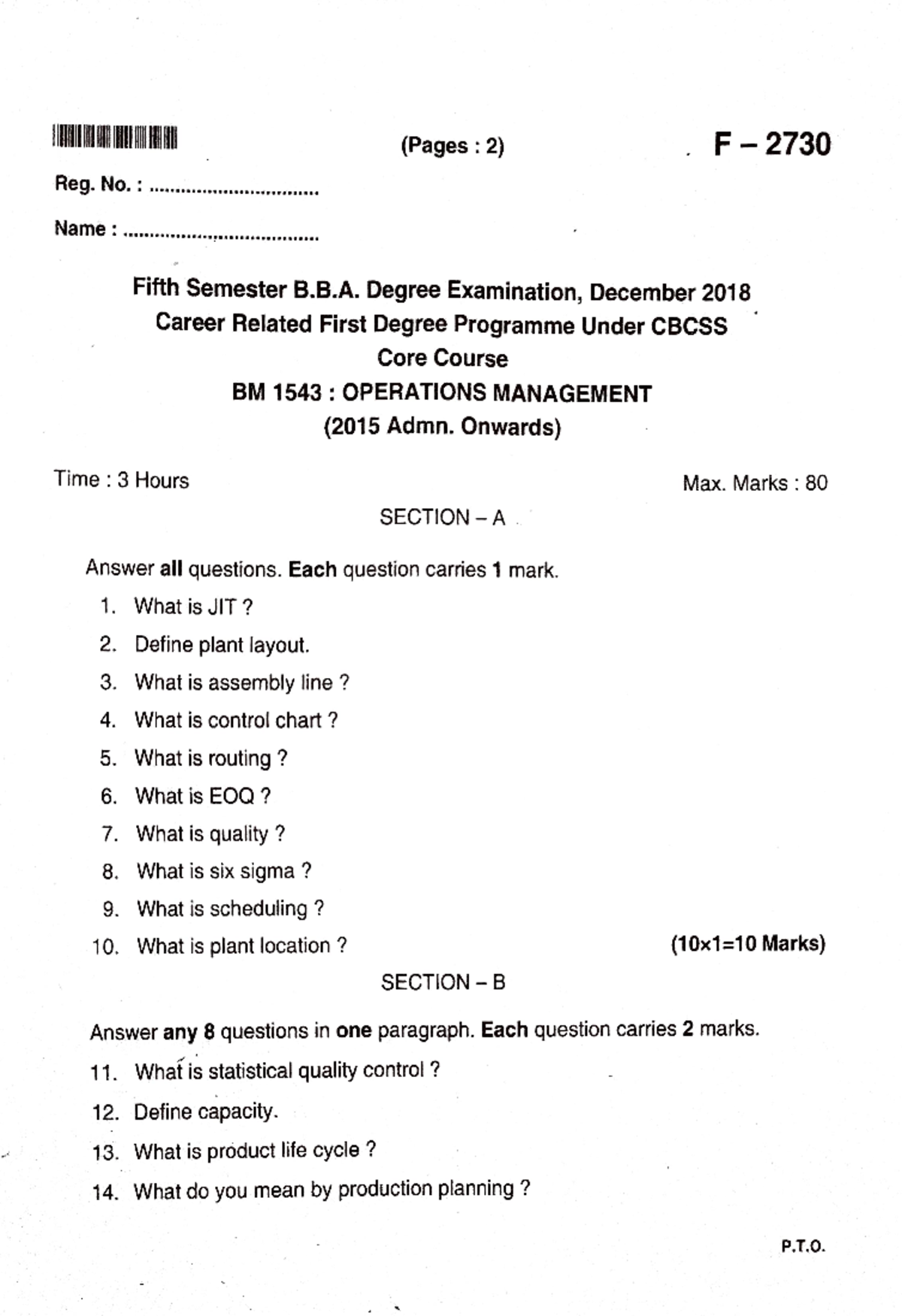 Operation Management Previous Year Question Paper BM 1543 F-2730 - Studocu