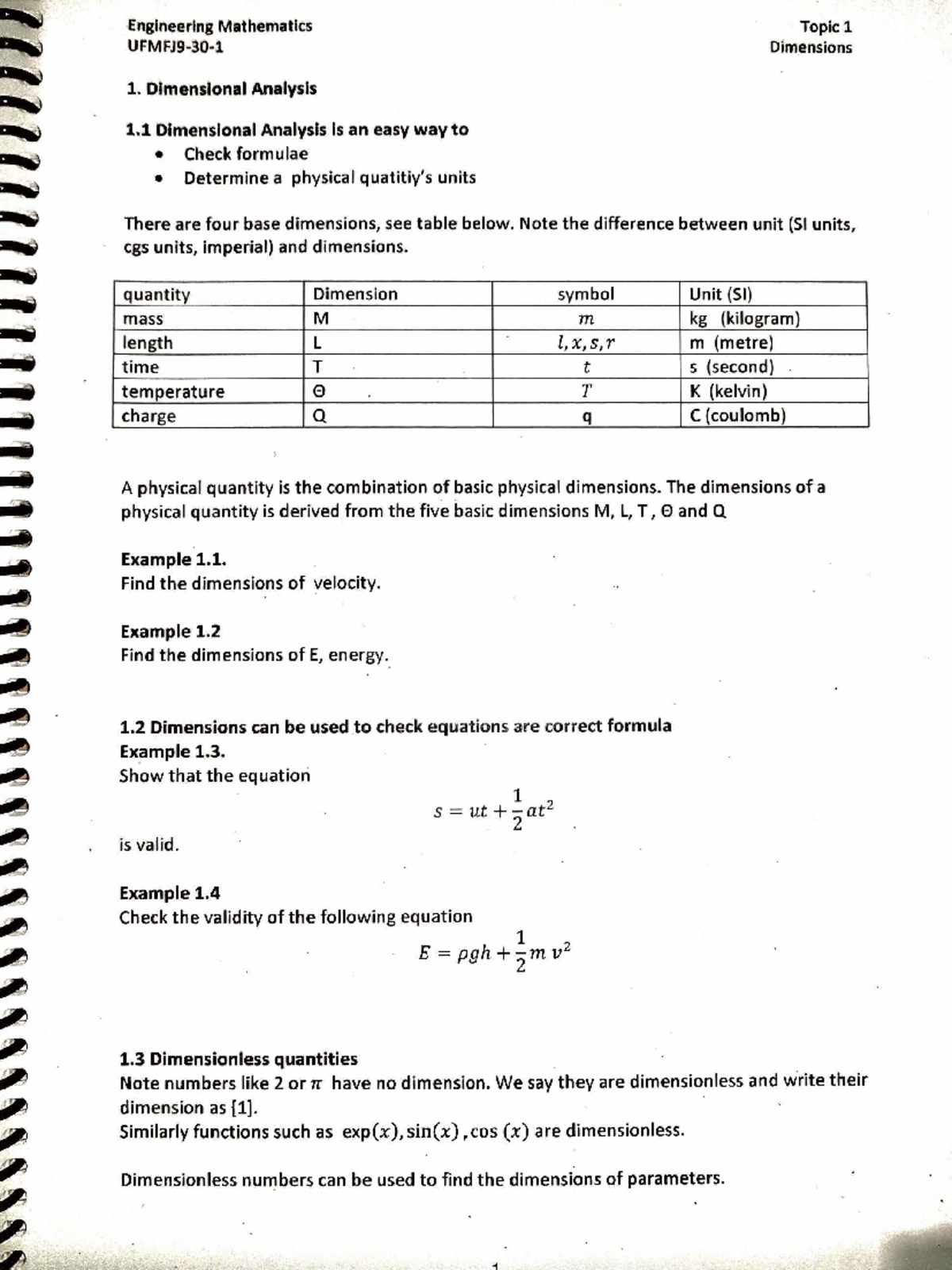 Lec 1 - Dimensional Analysis in Engineering Mathematics UFMFJ9·30 - Studocu