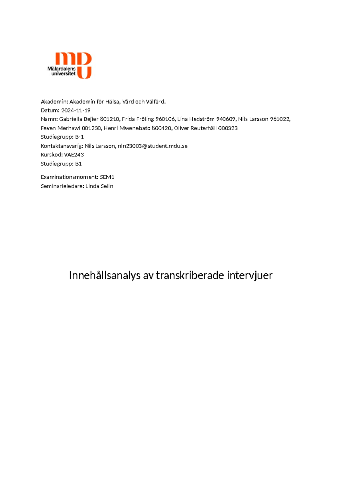 VAE243 - Innehållsanalys av vila och hälsa enligt Graneheim & Lundman ...