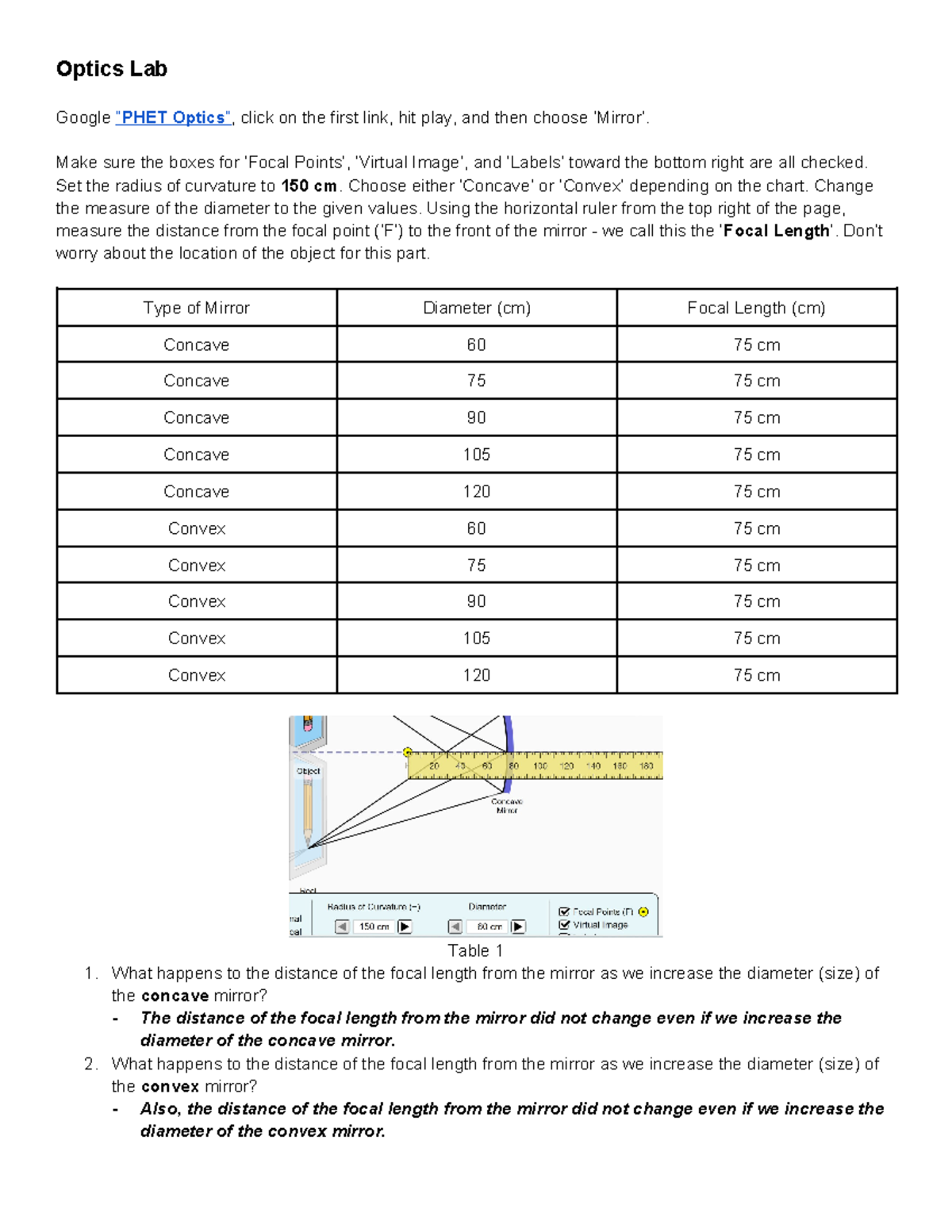 Optics Lab: Understanding Mirrors & Focal Lengths (PHYS 101) - Studocu