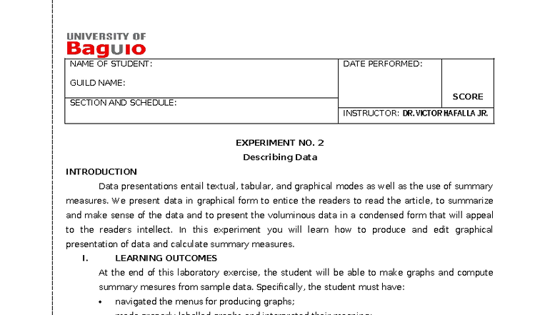 Laboratory Experiment 2: Data Presentation & Analysis (ENGDAT 1) - Studocu