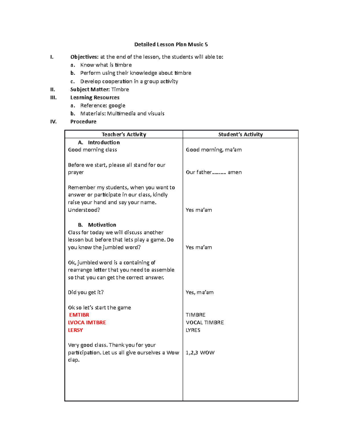 Detailed Lesson Plan Music - Objectives: at the end of the lesson, the ...