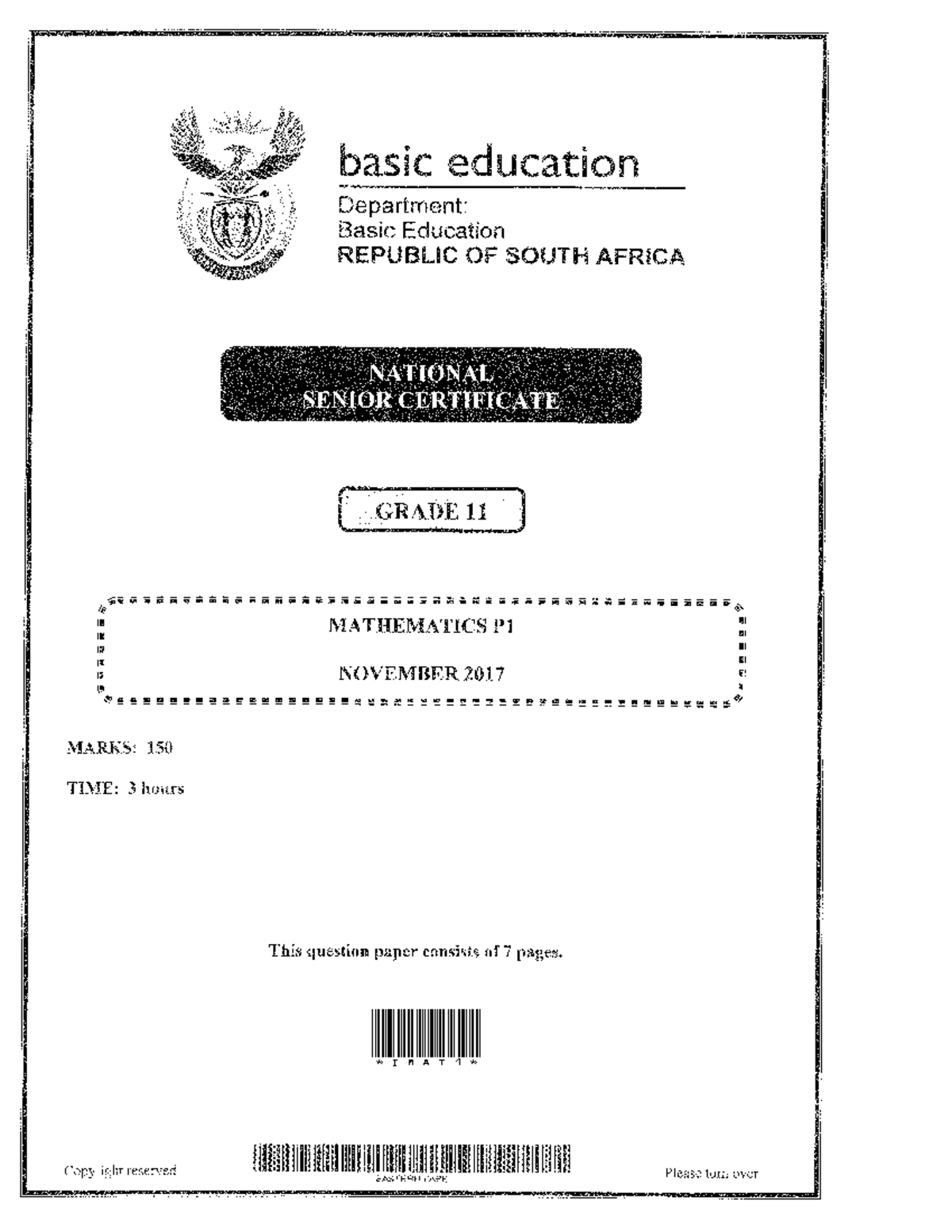 Gr11 Mathematics P1 Final Exam Nov 2017 - Question Paper - Studocu
