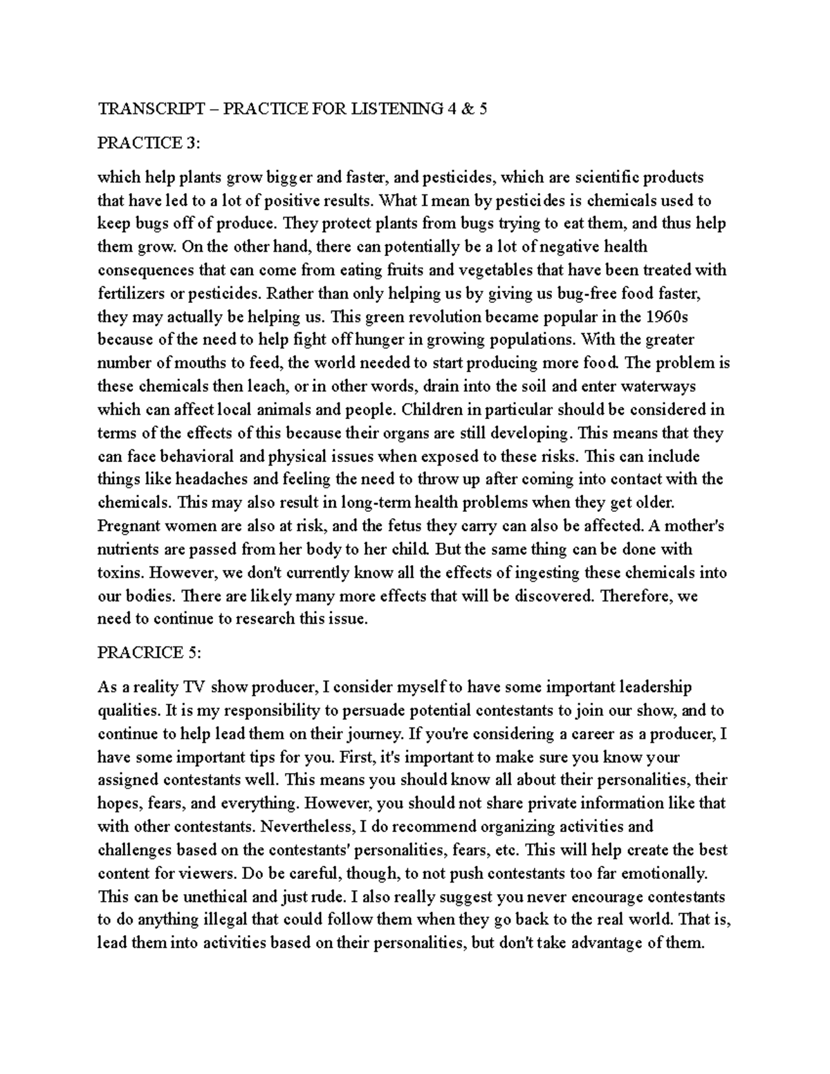 Transcript Practice Listening 4 & 5: Exploring Pesticides and ...