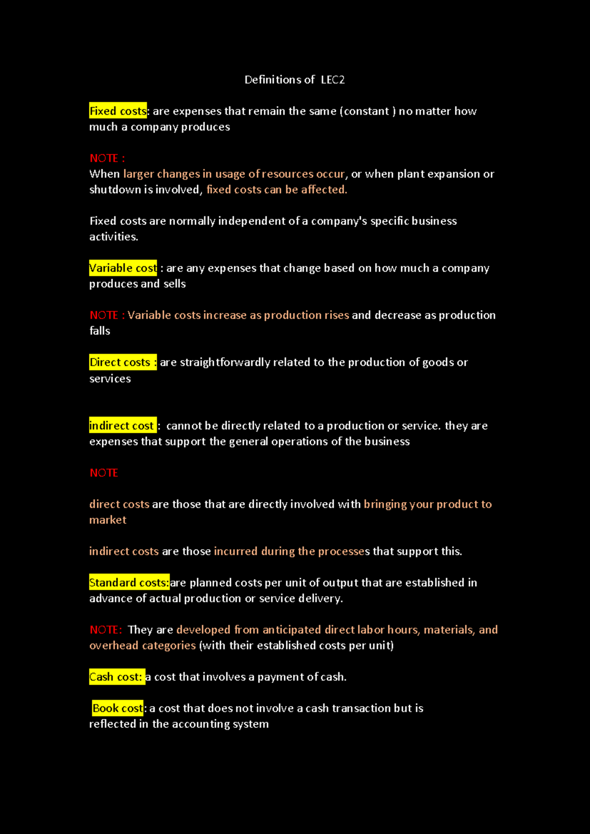 Definitions of LEC2: Fixed, Variable, Direct, and Indirect Costs - Studocu